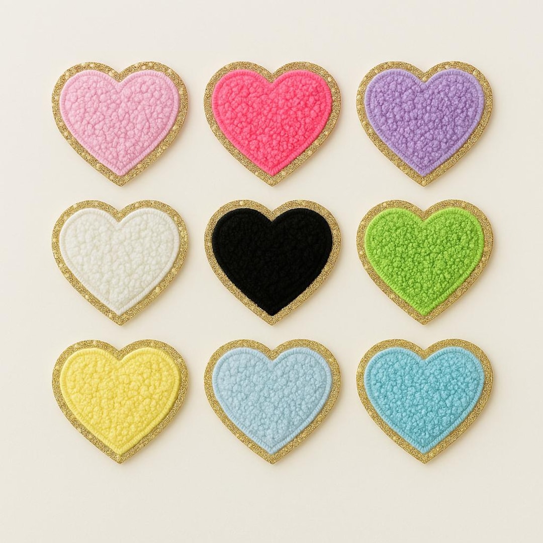Chenille Heart Patches With Gold Glitter Trim | Custom Craft Patches ...