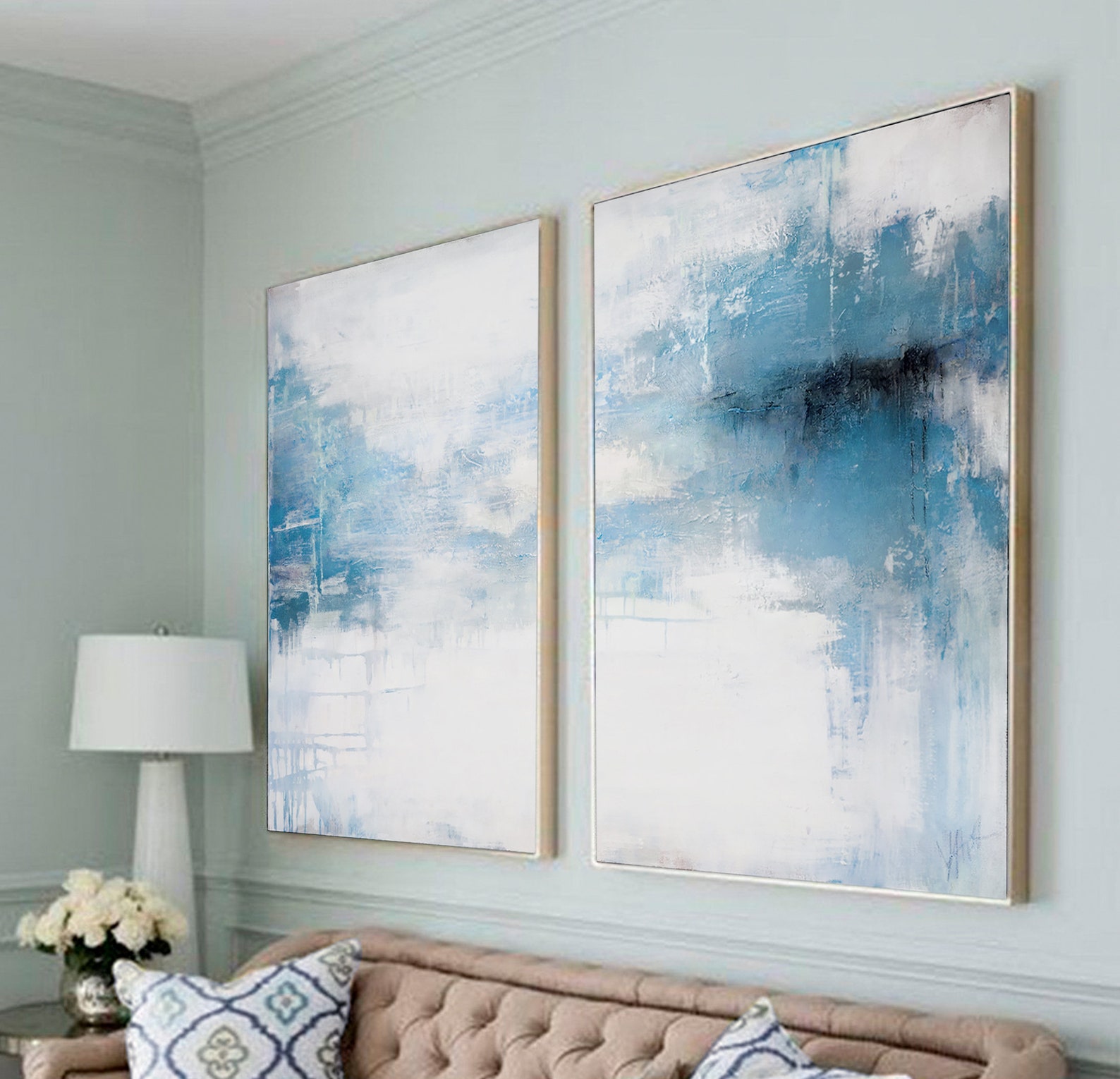 Blue Painting Set of 2 Wall Art Original Abstract Landscape | Etsy