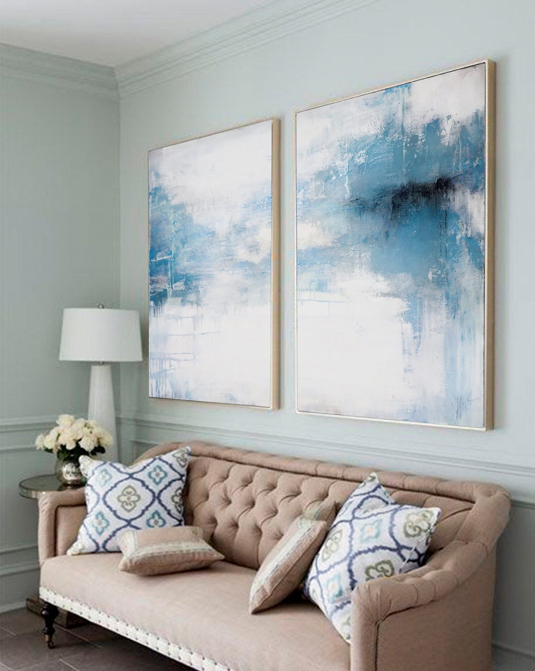 Blue Painting Set of 2 Wall Art Original Abstract Landscape - Etsy