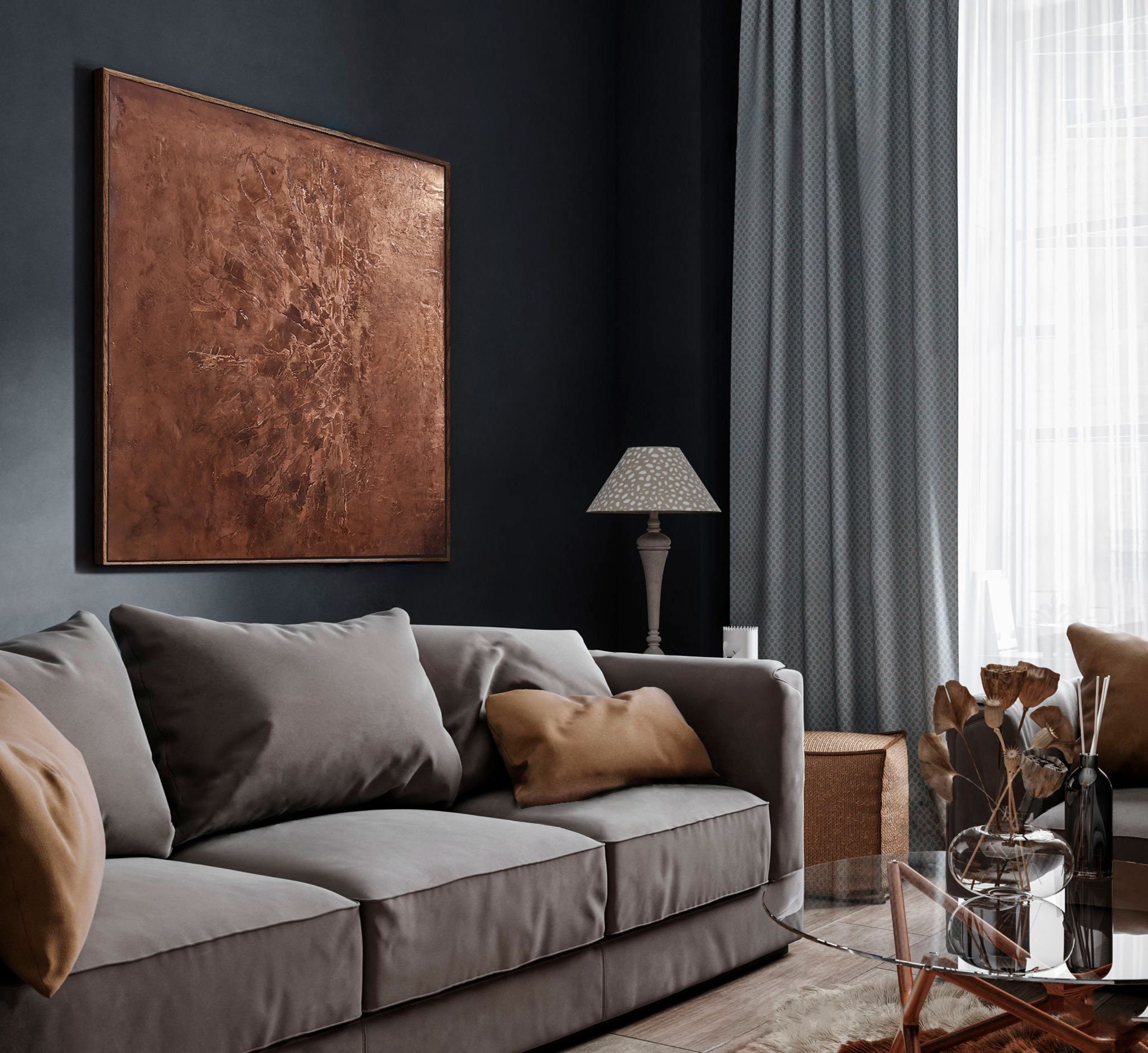 Dark Copper Metal Wall Art, Abstract Original Painting on Canvas, Hand ...
