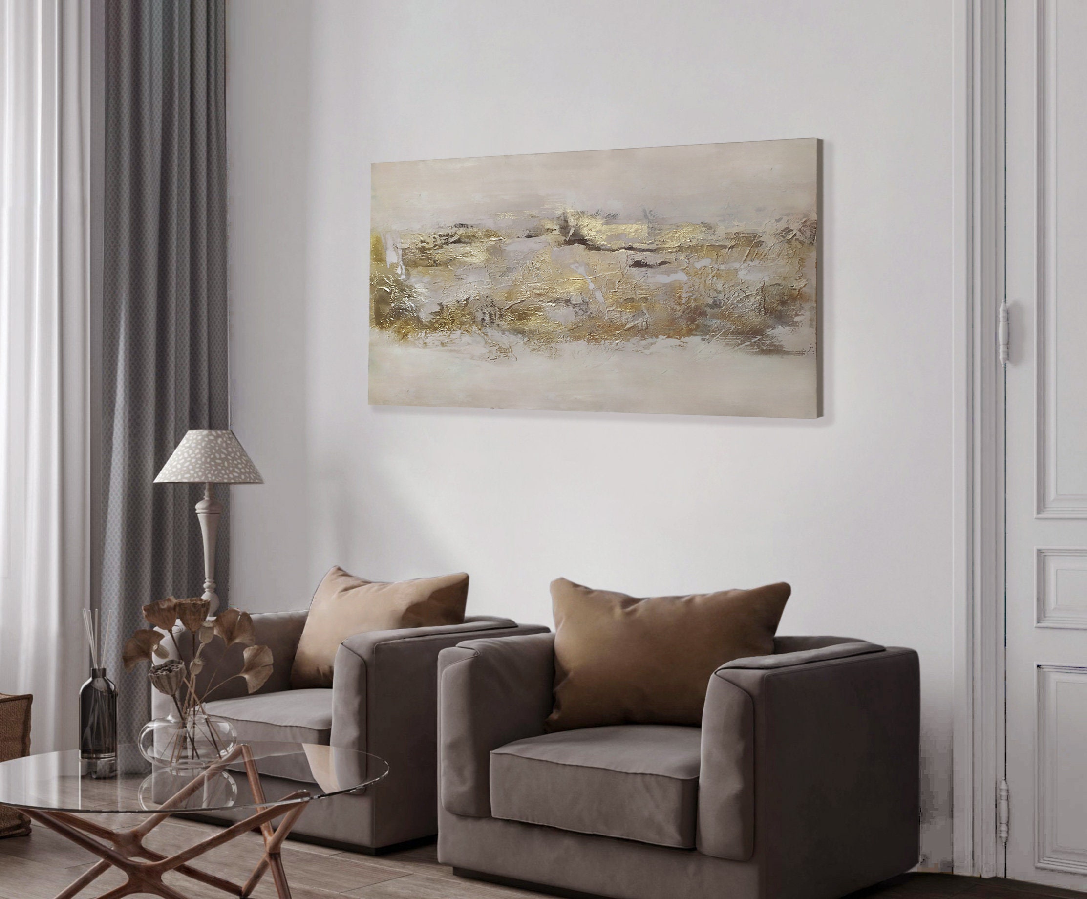 Long Rectangular Gold Wall Art, Tall Vertical Painting on Canvas for ...