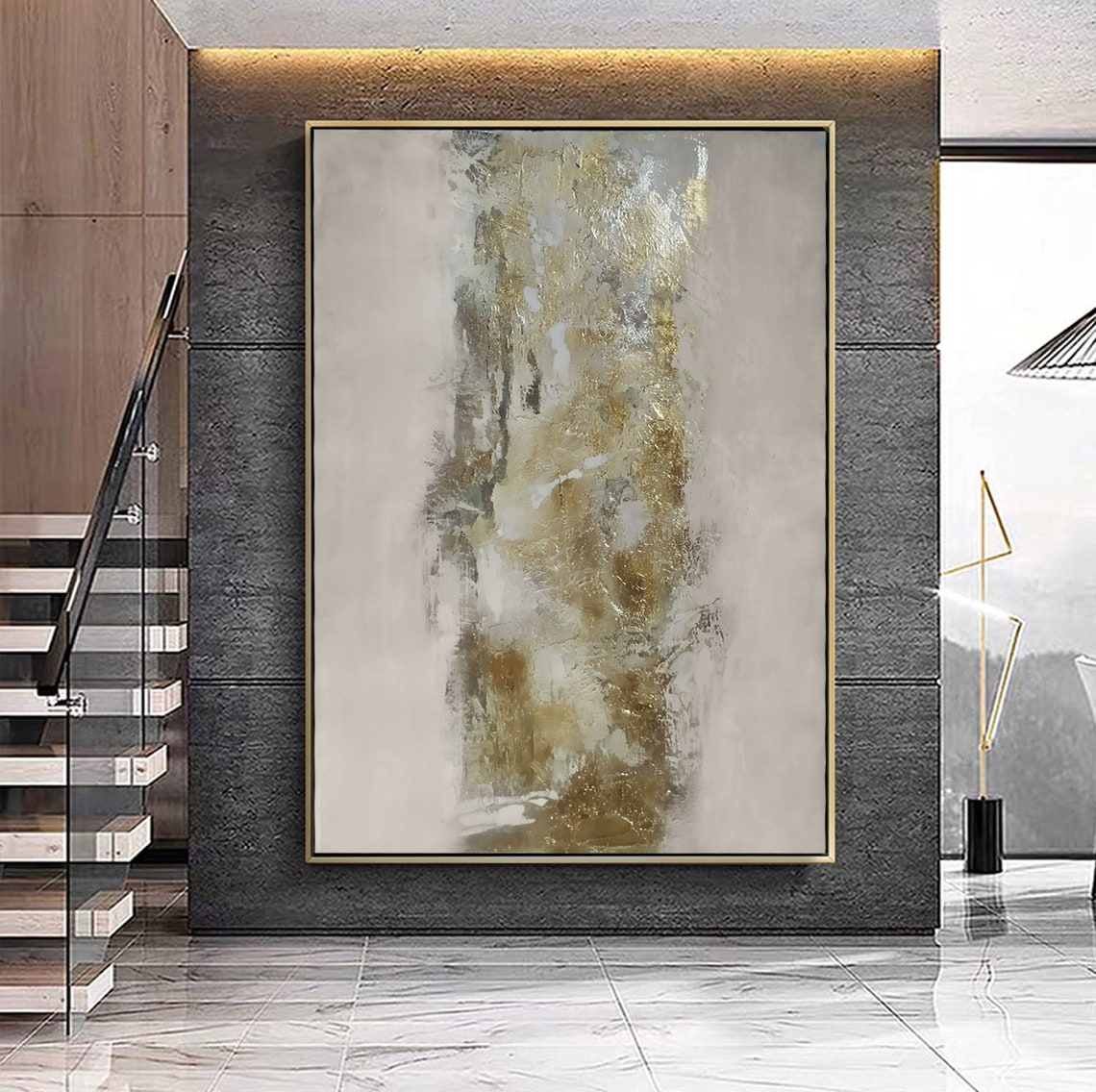 Long Rectangular Gold Wall Art Tall Vertical Painting on - Etsy