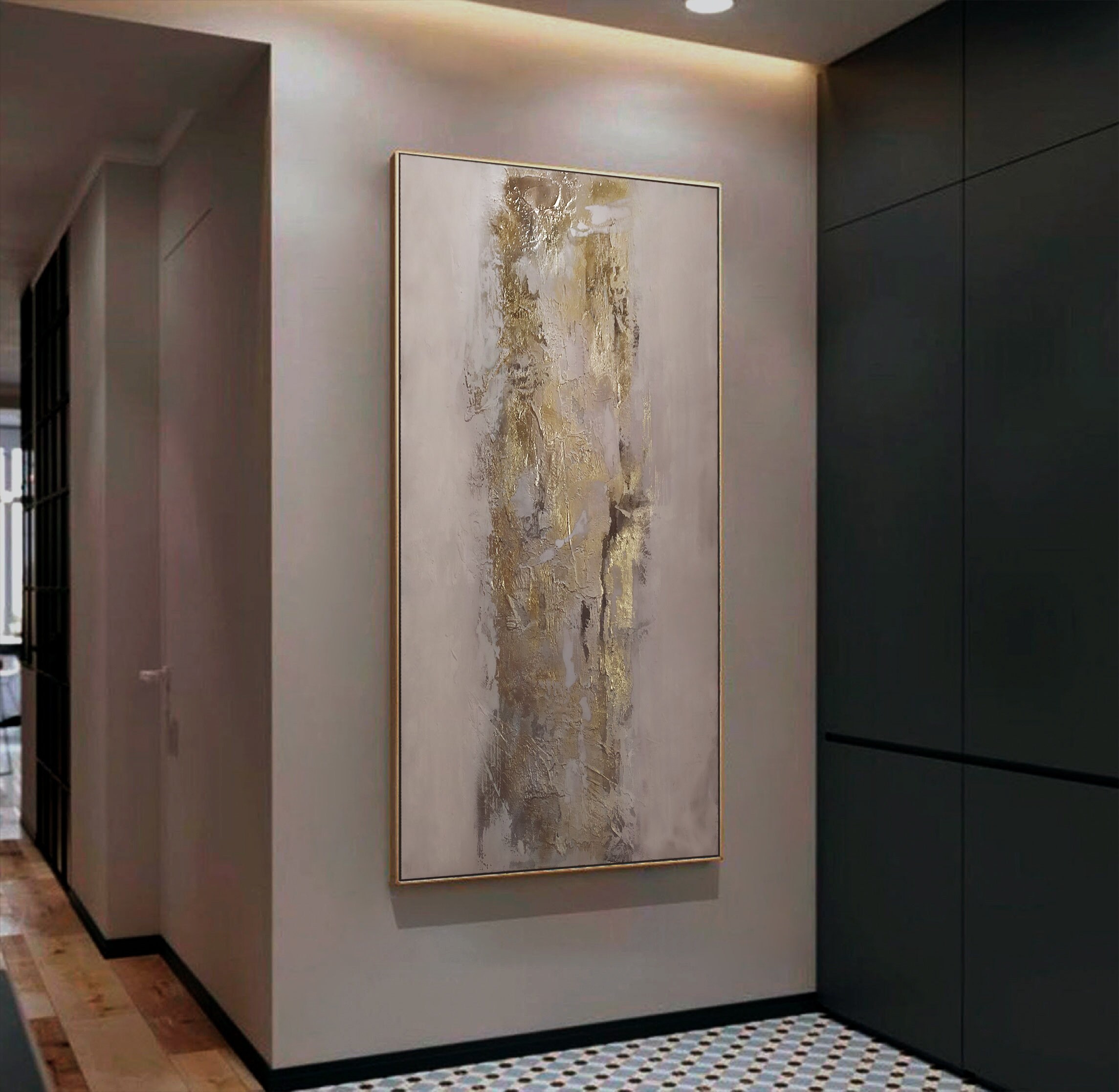 Long Rectangular Gold Wall Art, Tall Vertical Painting on Canvas for ...