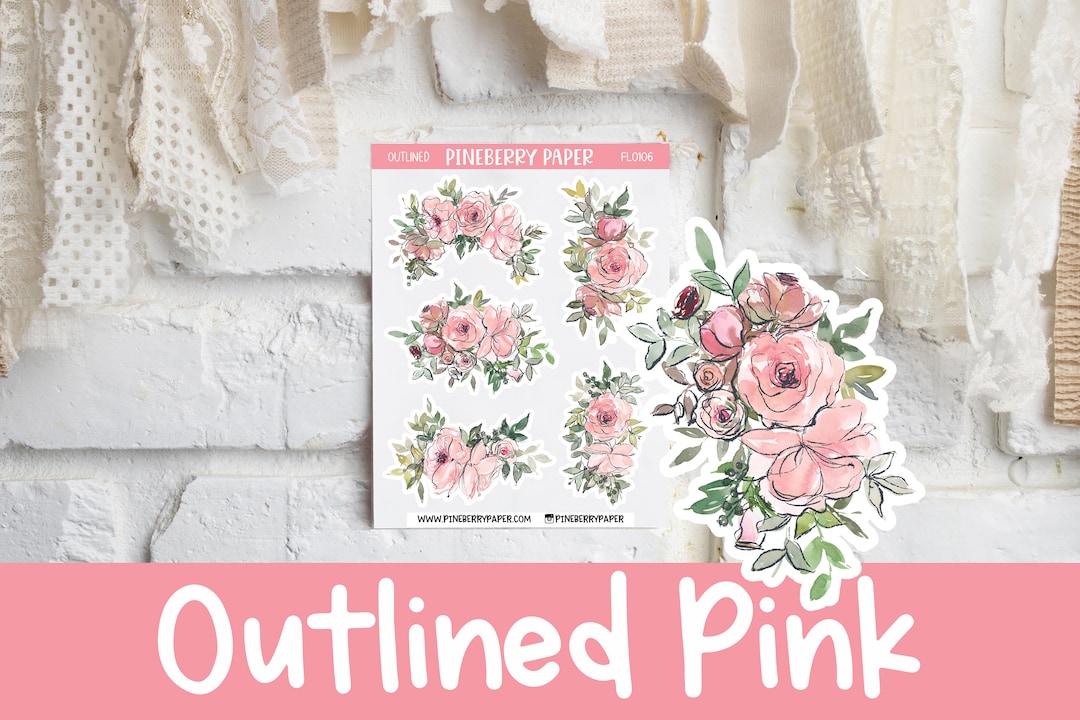 Outlined Pink Floral Stickers | Decorative | Botanicals | Flowers ...