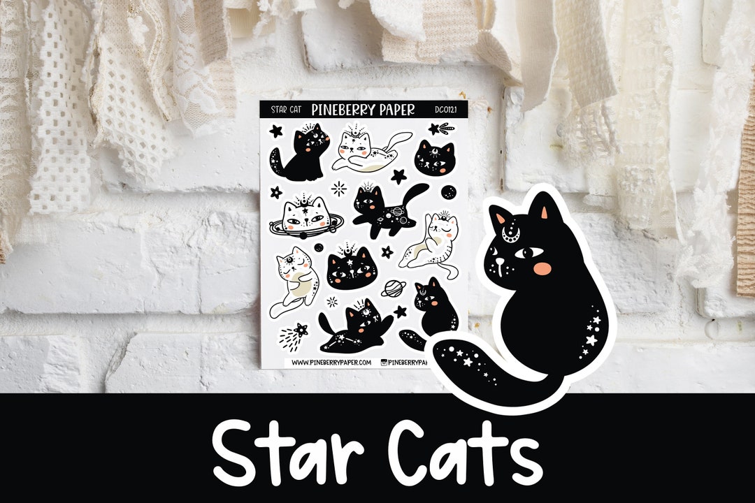 Star Cat Stickers Decorative Space Black and White Celestial Planner ...