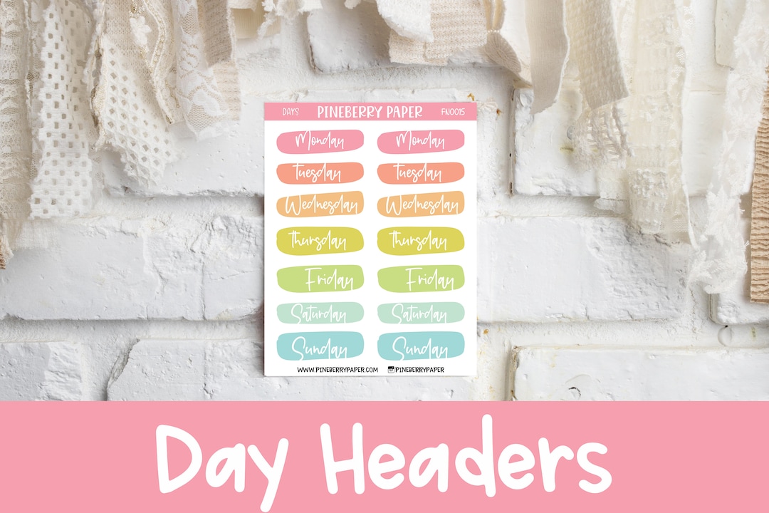 Days of the Week Header Stickers Functional Stickers Bold Pastels ...
