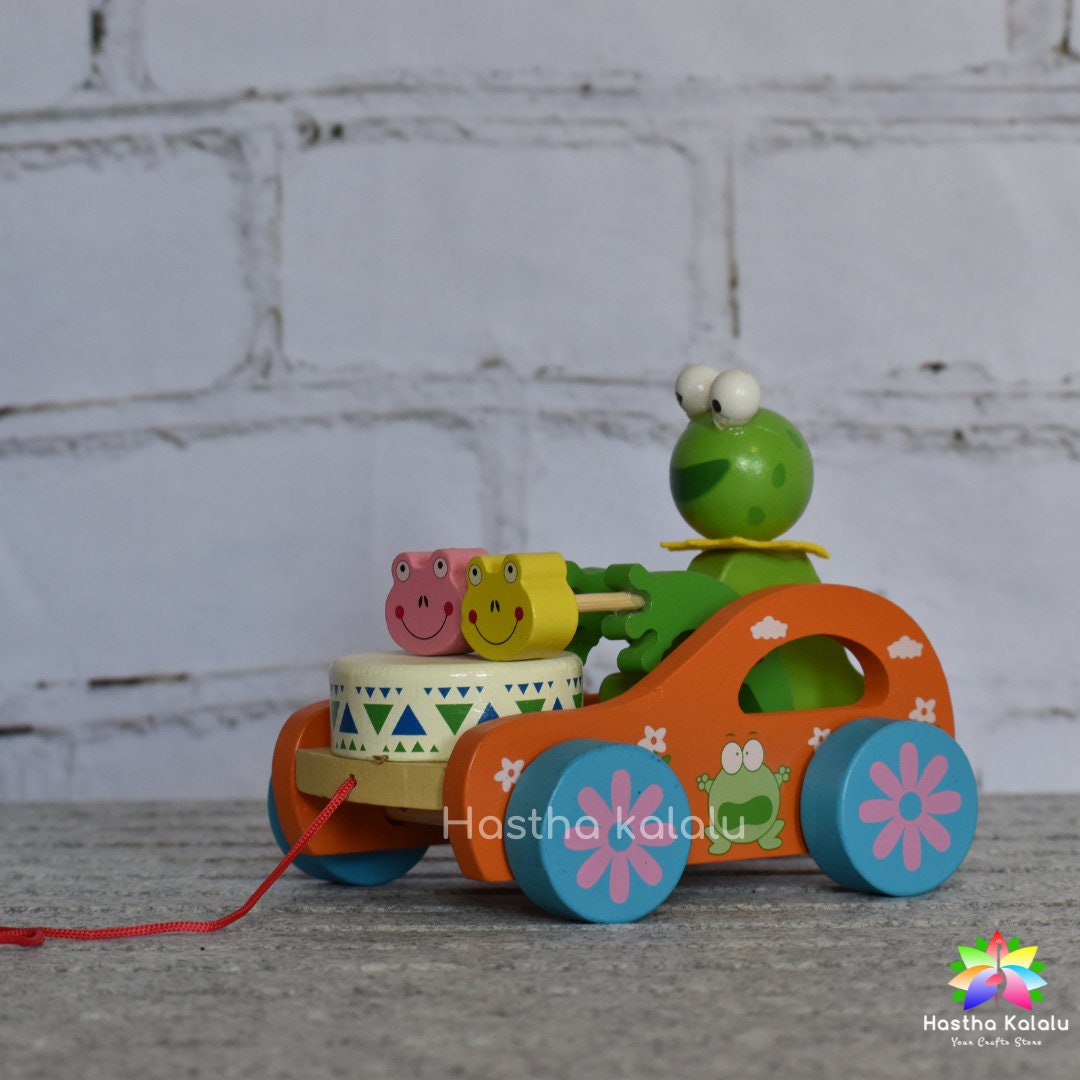 Frog Pull Along Toys Beating Drums Toddler Wooden Pull Toy/ Walk-along ...