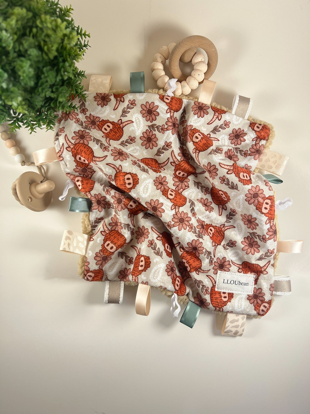 Highland Cow Minky and Sherpa Ribbon Tag Lovey for Baby Girl, Baby Gift ...