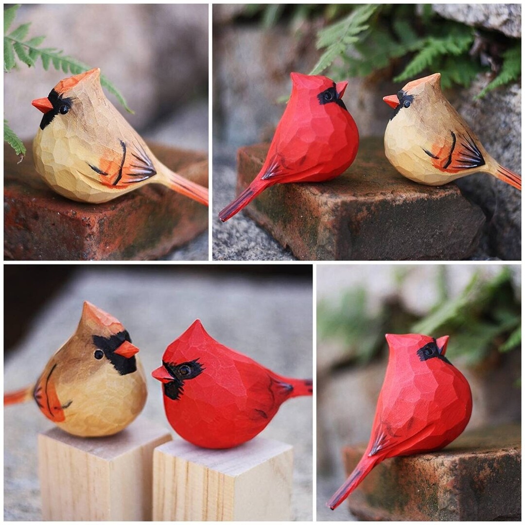 2 Pcs Red Cardinal Ornament Set, Northern Cardinal Wooden Bird ...