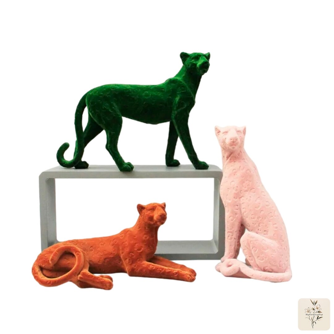 Suede Cheetah Sculpture, Pink Panther Statue, Velvet Guepard Statue ...