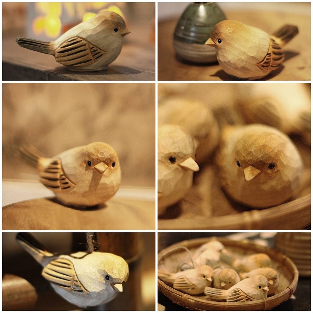 House Sparrow Wooden Bird Figurine, Tiny Sparrow Bird Decor, Wooden ...