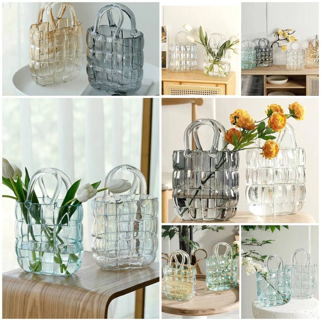 Tote Bag Glass Vase for Flowers, Aqua Glass Tote Bag Vase, Glass Bag ...