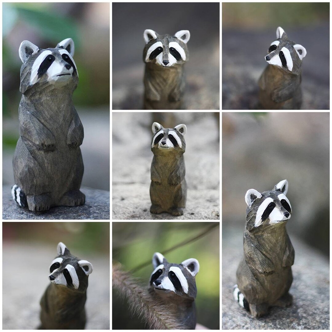 Wooden Raccoon Figurine, Carved Raccoon Gifts, Funny Raccoon Miniature ...