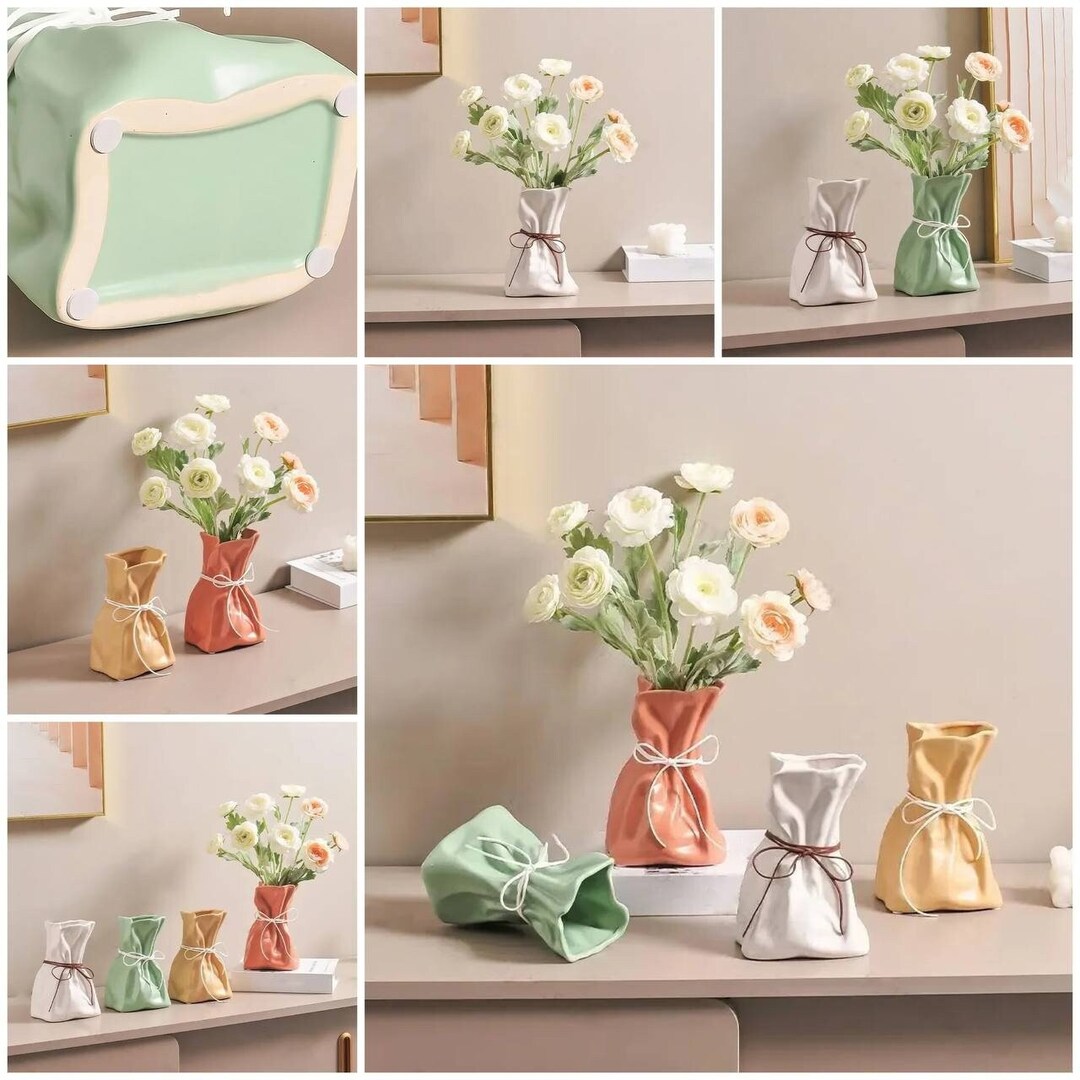 Kraft Paper Bag Ceramic Vase, Dry Flower Vase Decor, Figurine Vase for ...
