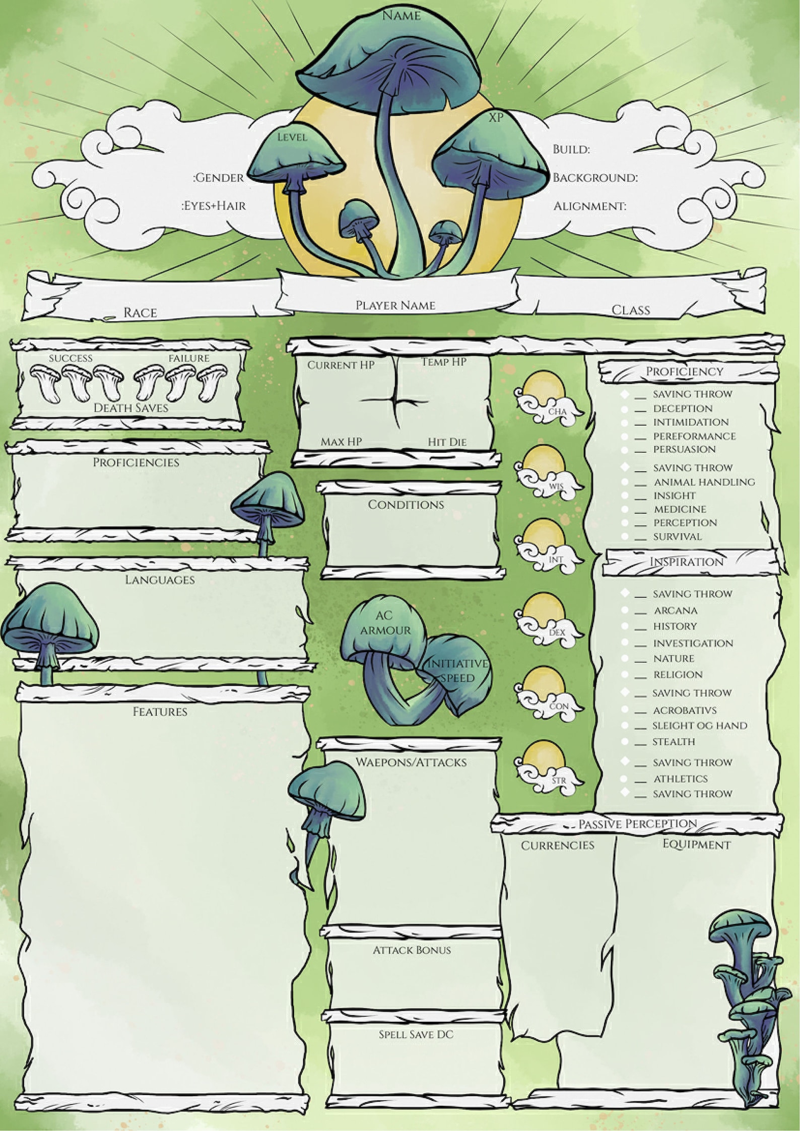 Mushrooms Dnd Character Sheets D&D 5e Ttrpg Printable Dnd | Etsy