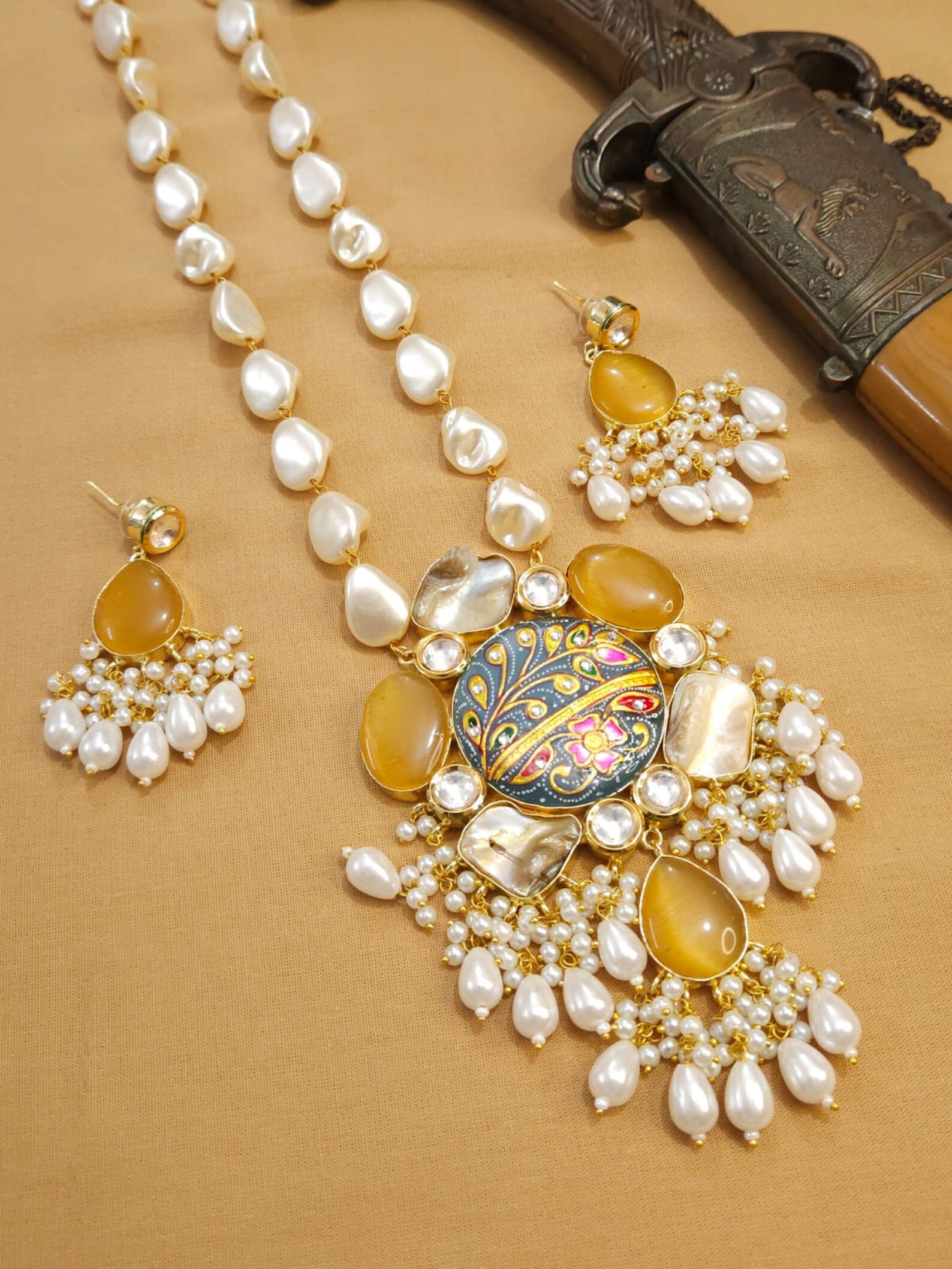 Trending Rajwade Tanjore Stone Stud Fusion Long Necklace and Earrings ...