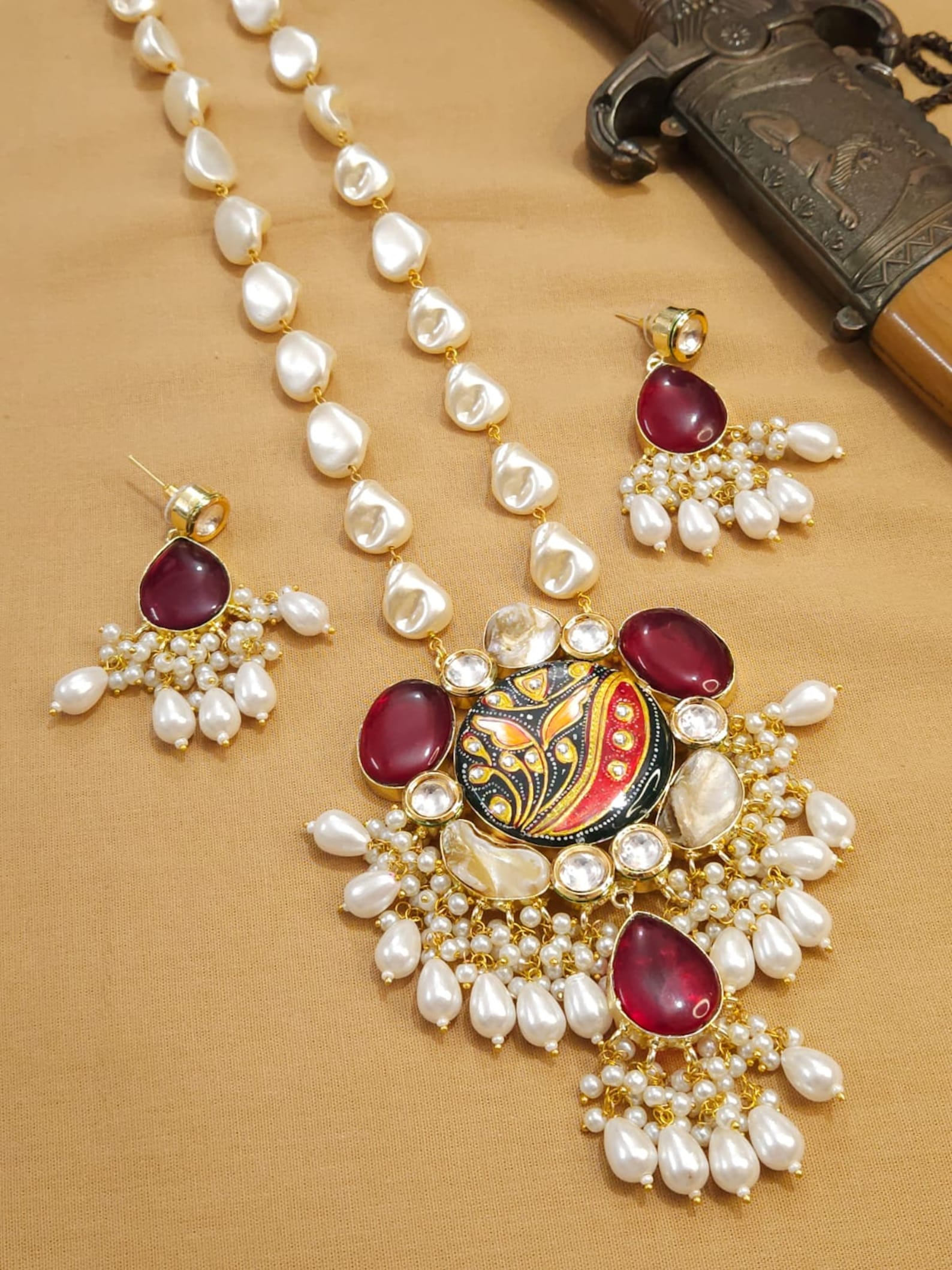 Trending Rajwade Tanjore Stone Stud Fusion Long Necklace and Earrings ...