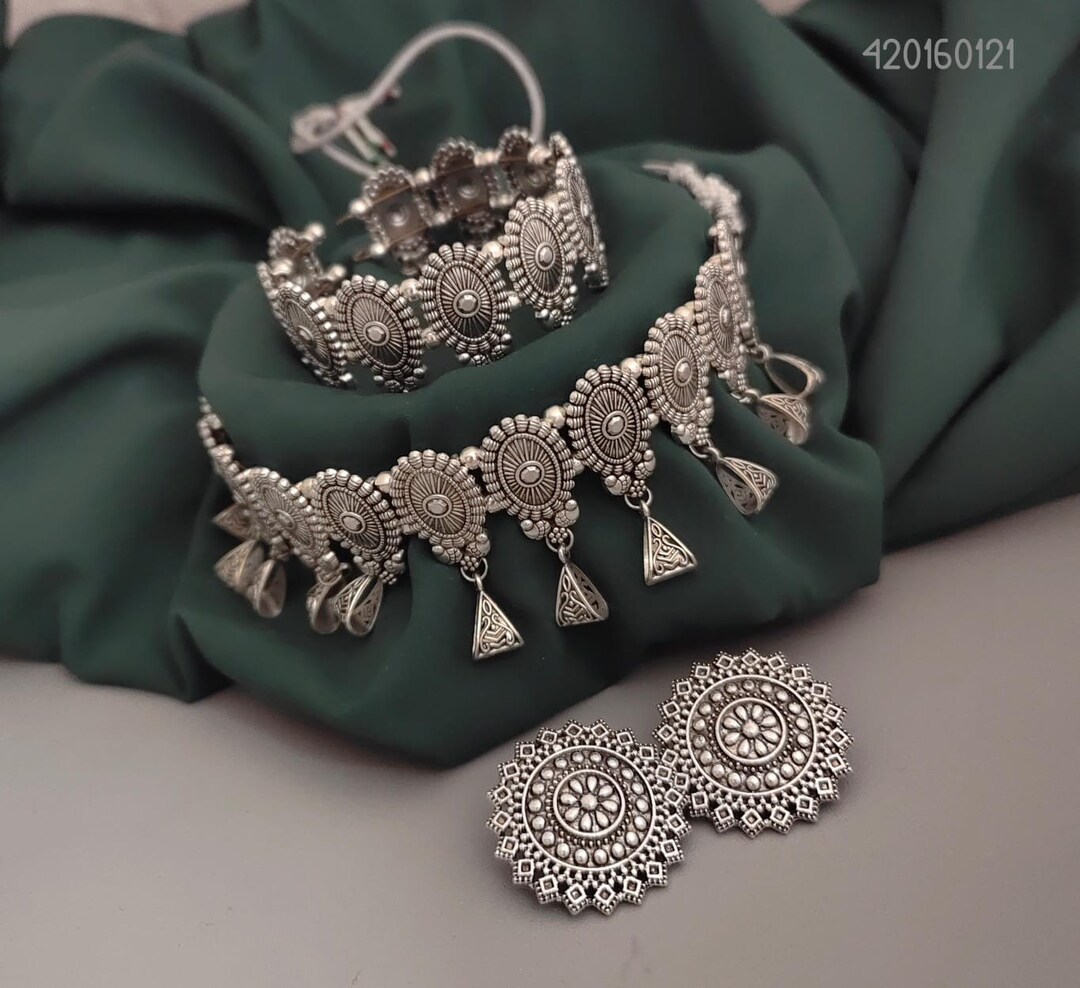 Silver Look a Like Ethnic Jewelry Combo Choker Necklace, Earrings and ...