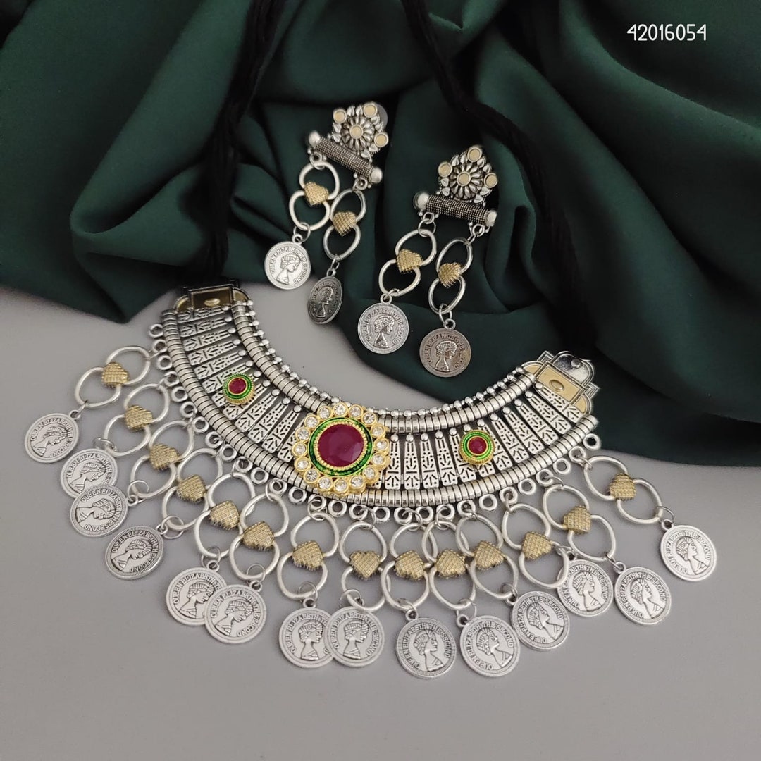 Dual Tone Coin Jewelry Set, Indian Festival Fusion Stone Jewelry for ...