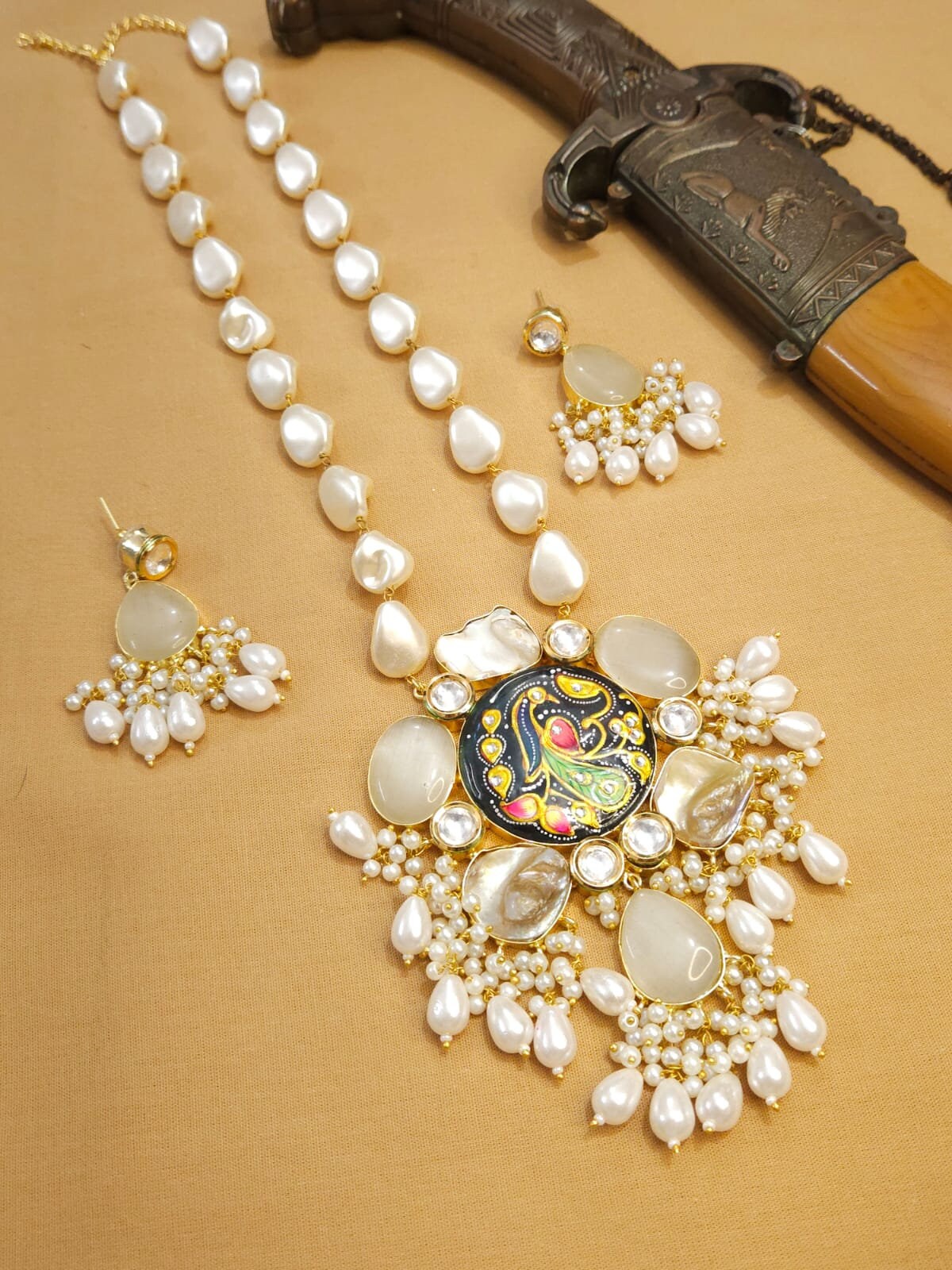 Trending Rajwade Tanjore Stone Stud Fusion Long Necklace and Earrings ...
