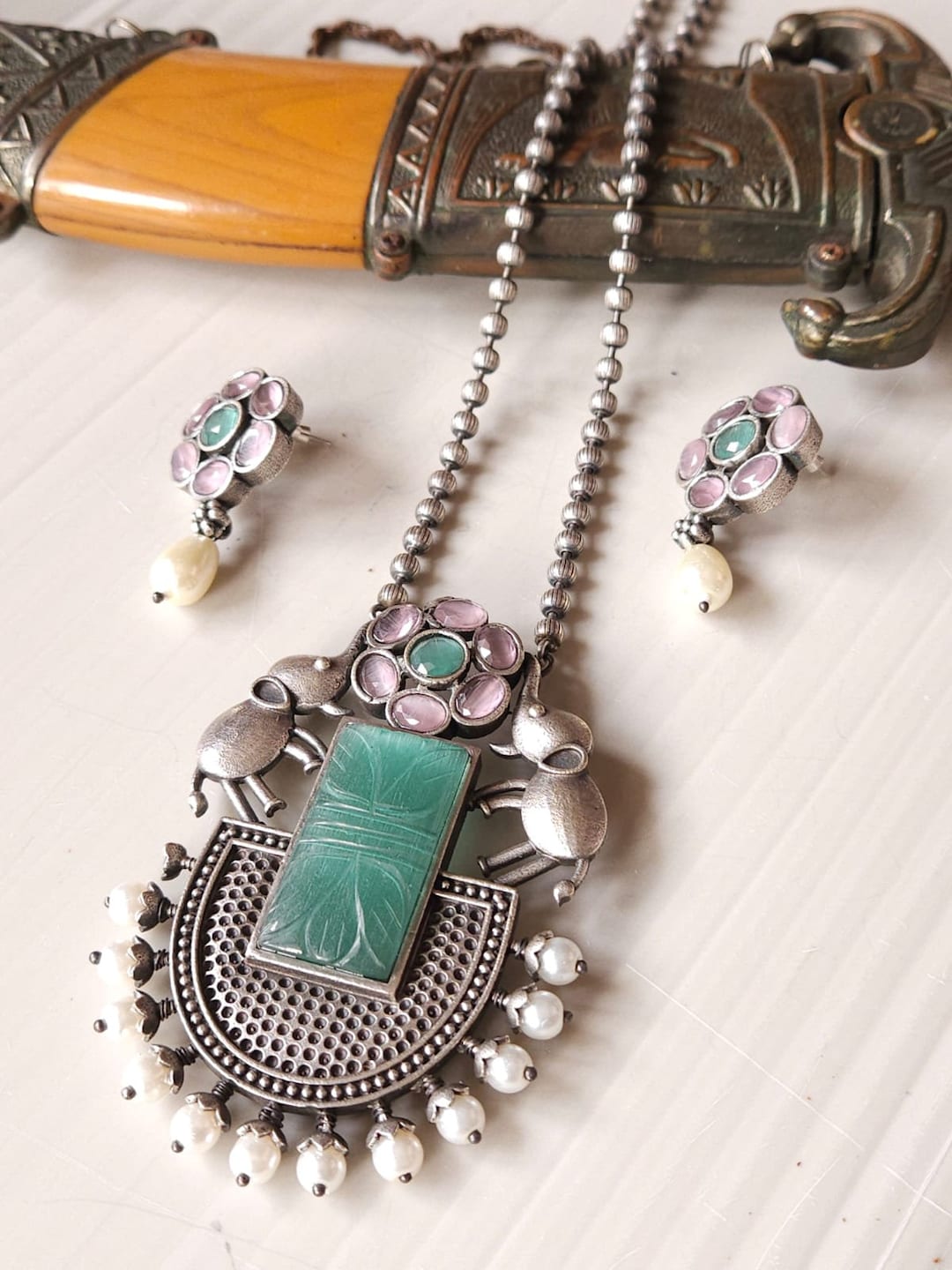 Fusion Jewelry Set, Silver Look a Like Stone Stud Long Necklace and ...