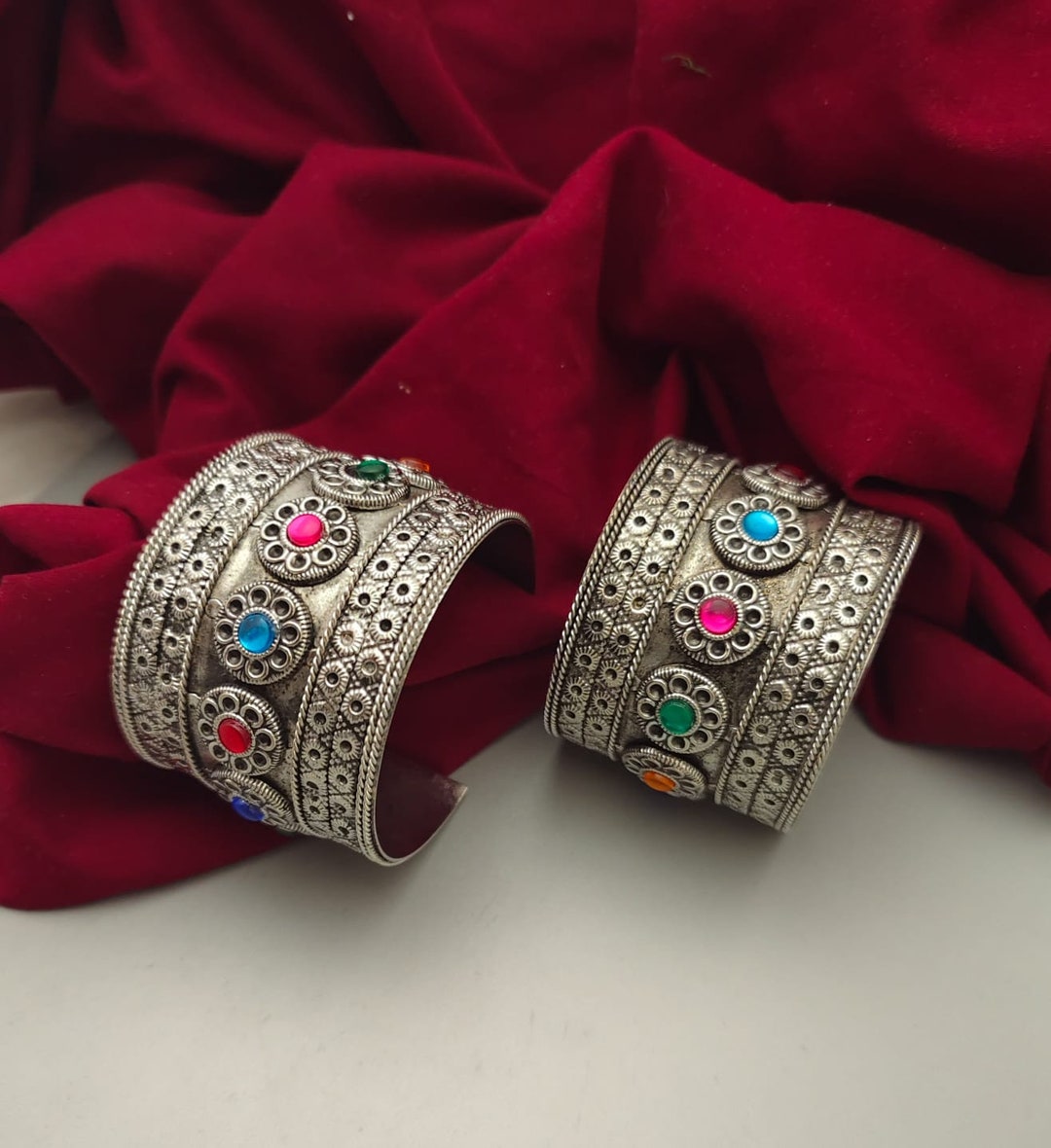 Fusion Style Stone Broad Bangle Set, Silver Oxidised Cuff Bracelet ...