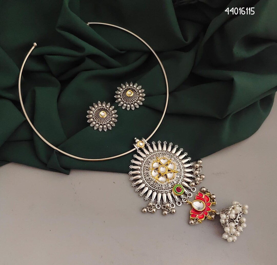 Ethnic Fusion Ghungroo Stone Choker Necklace and Earrings, Silver ...