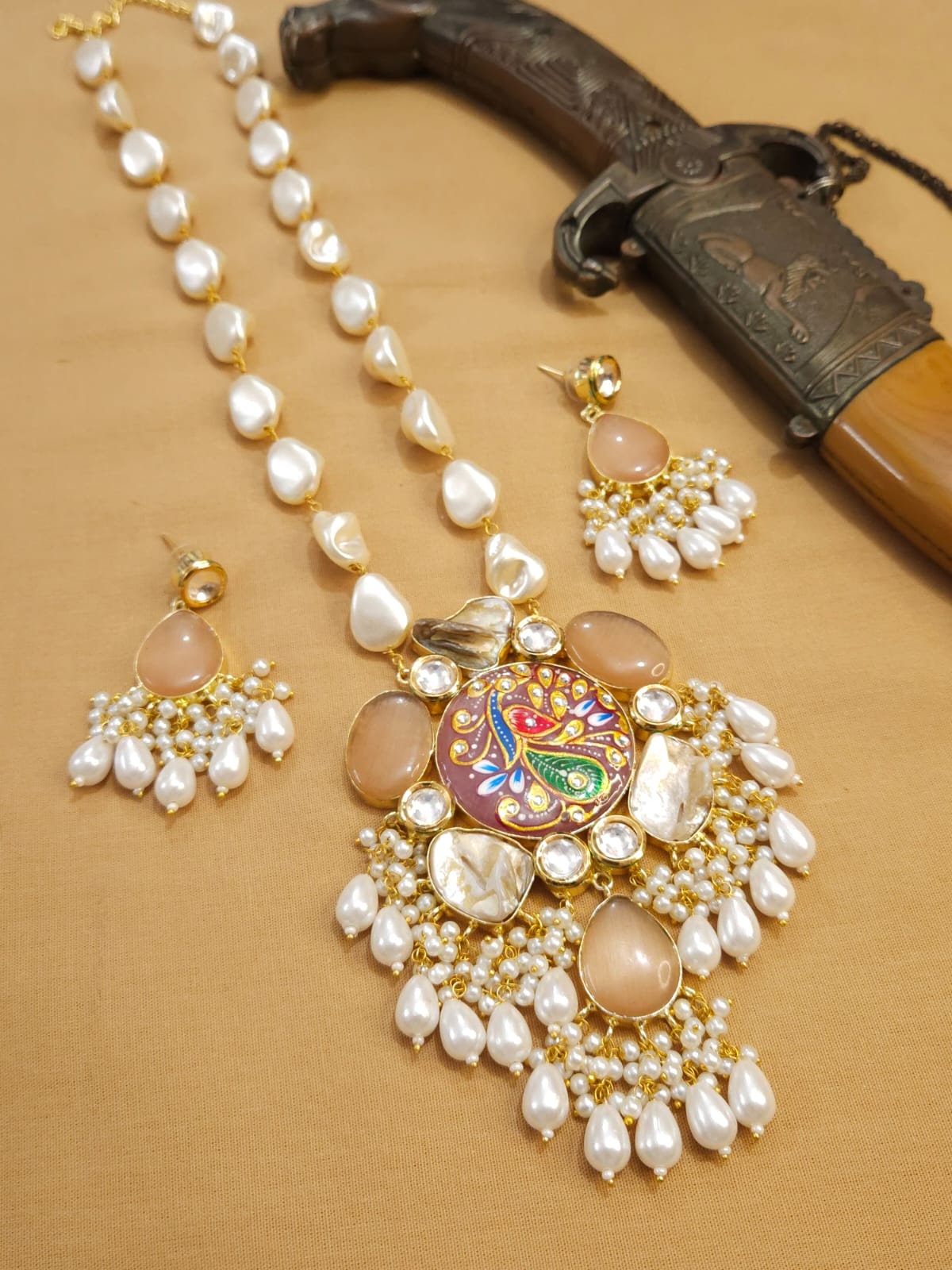 Trending Rajwade Tanjore Stone Stud Fusion Long Necklace and Earrings ...