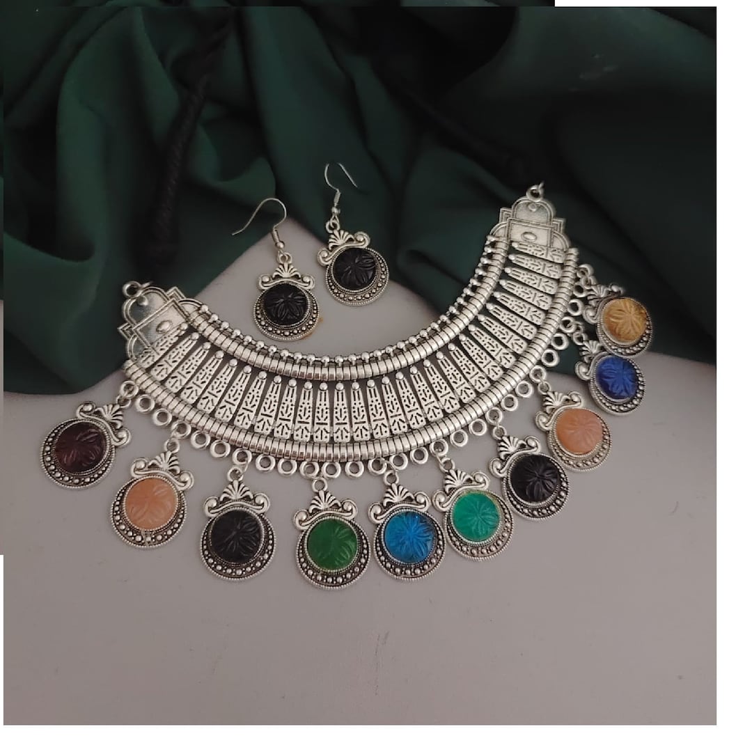 Carving Stone Fusion Jewelry Set, Silver Oxidised Indian Choker ...