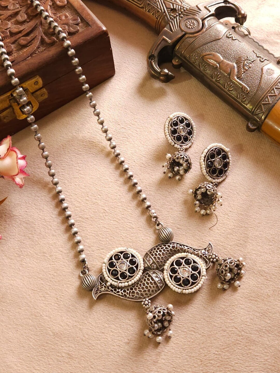 Trending New Silver Look a Like Stone Stud Fusion Jhumki Long Jewelry Set, Indian Festival ...