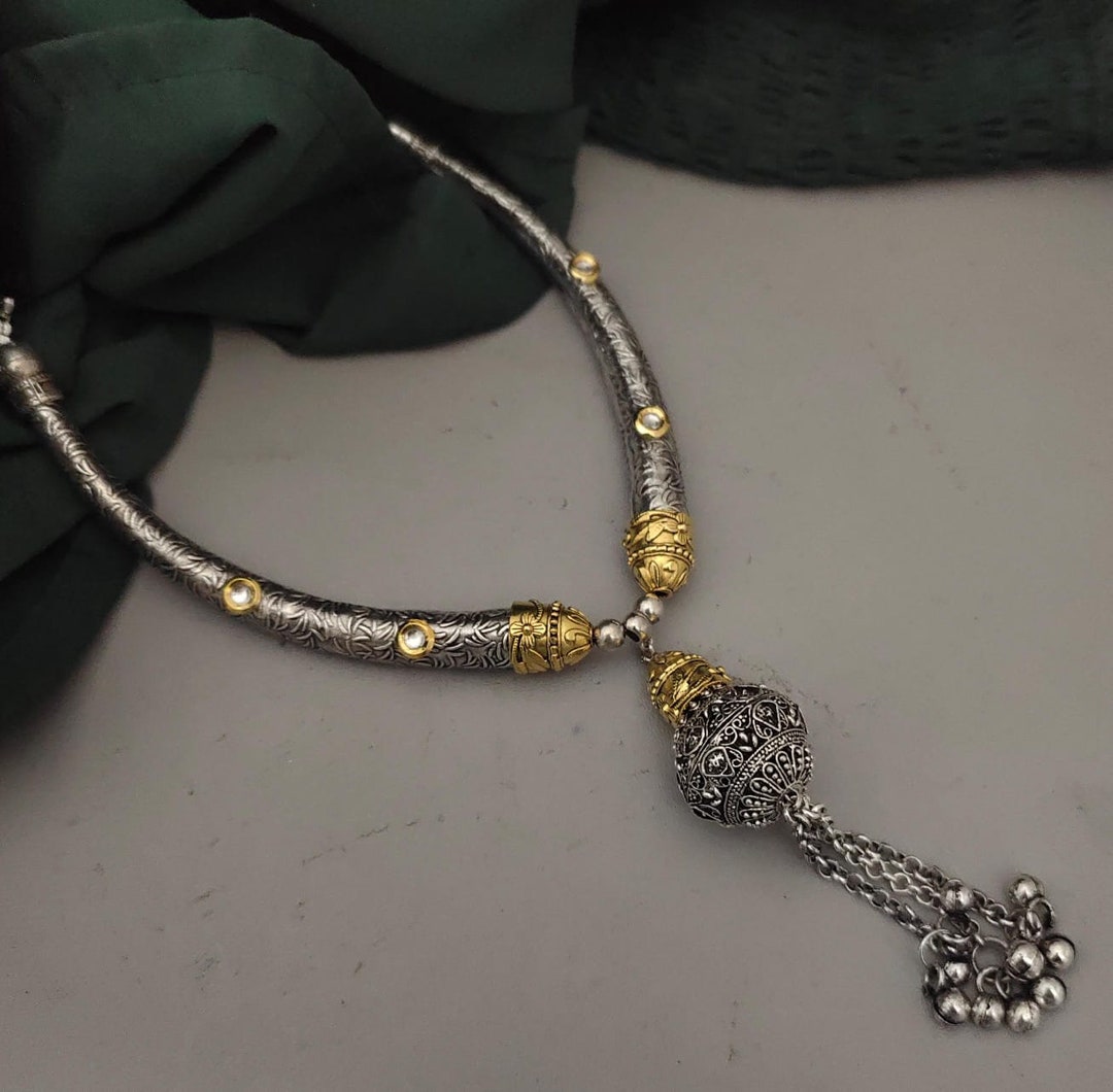 Silver Look a Like Ghungroo Hasli Necklace, Ethnic Dual Tone Husli ...
