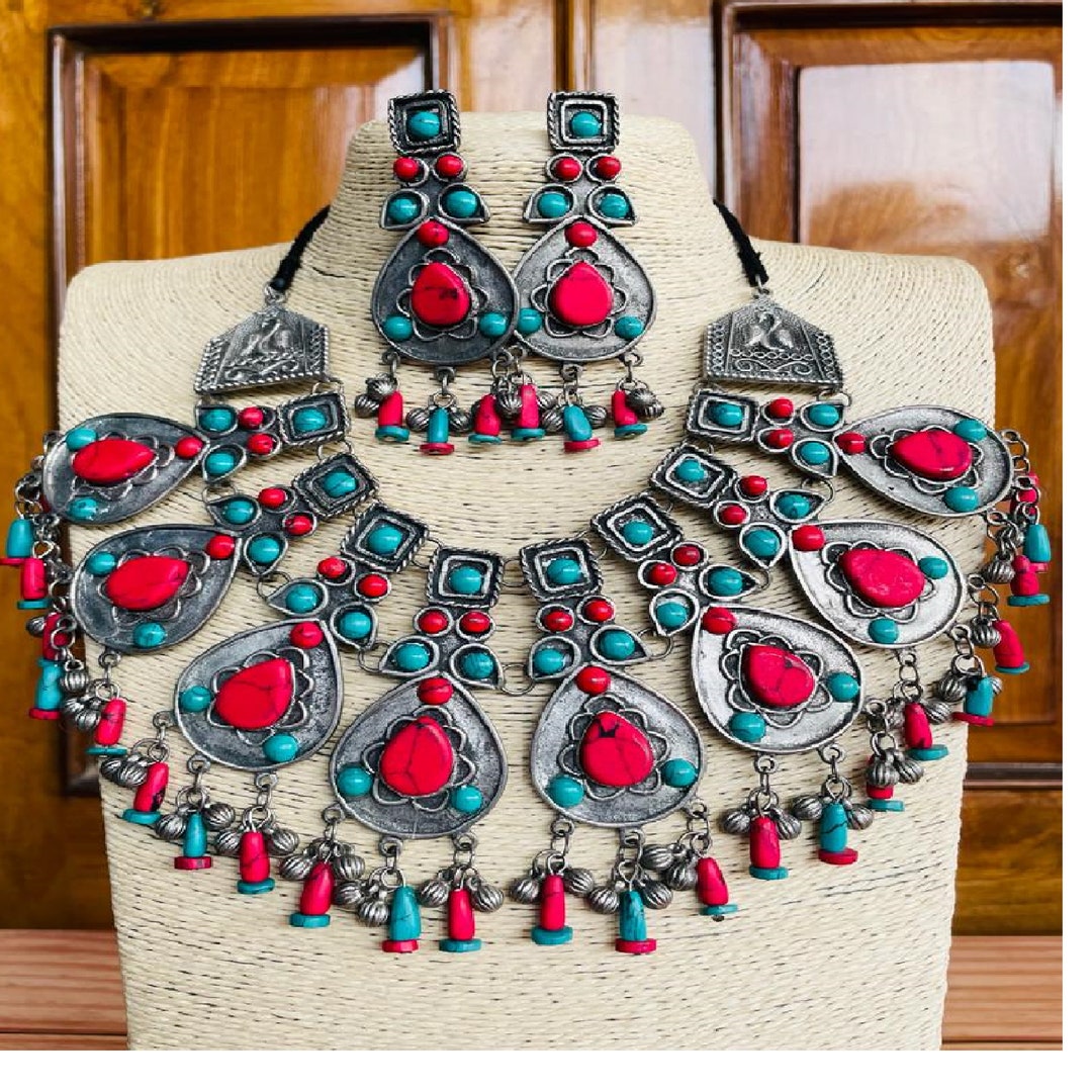 Silver Look a Like Precious Stone Jewelry Set, Indian Bollywood Silver ...