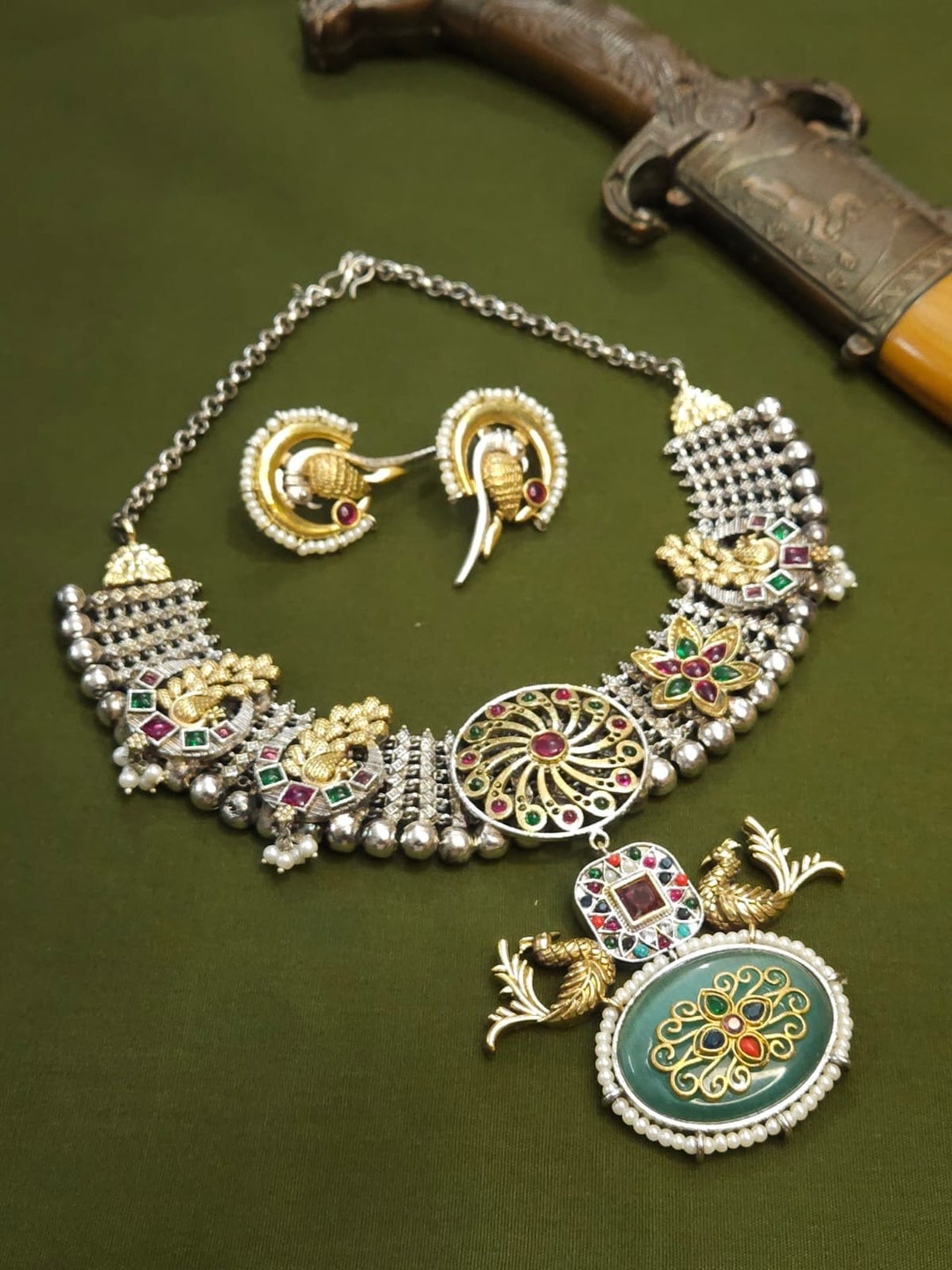 New Arrival Dual Tone Stone Stud Fusion Peacock Hasli Choker Necklace ...