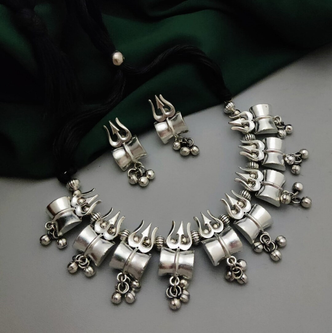 Trishul and Damru Look Silver Oxidised Traditional Jewelry Set, Premium ...