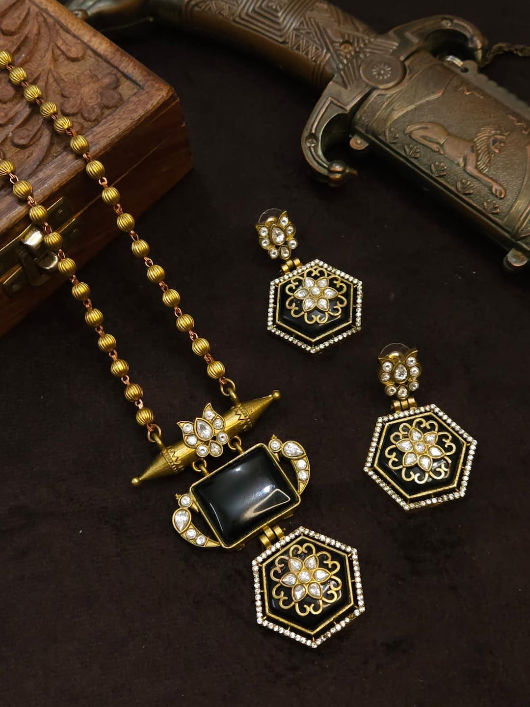 Trending Rajwade Gold Plated Tanjore Stone Stud Fusion Long Necklace ...