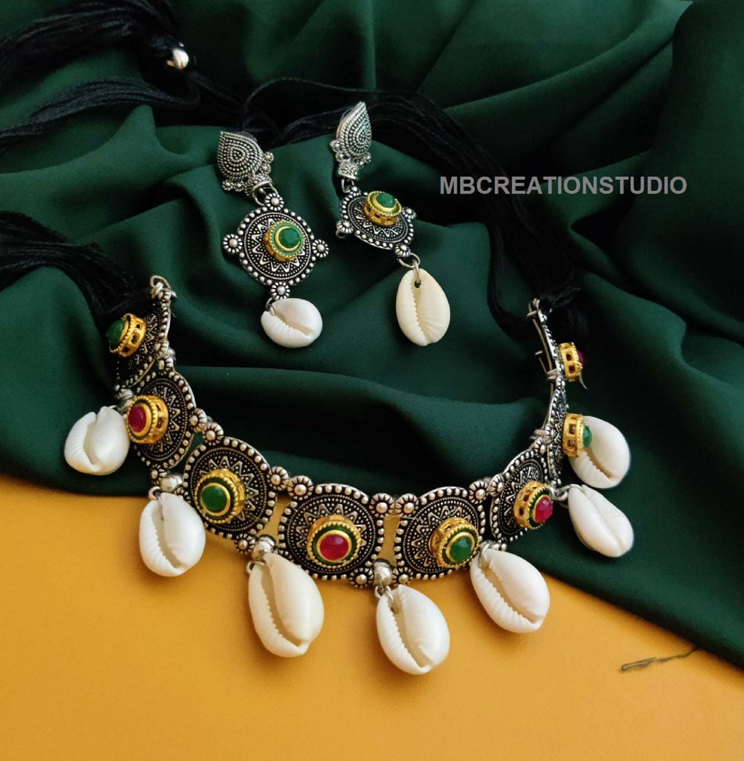 Oxidized Silver Shell Necklace Earring Set | Boho Indian ...