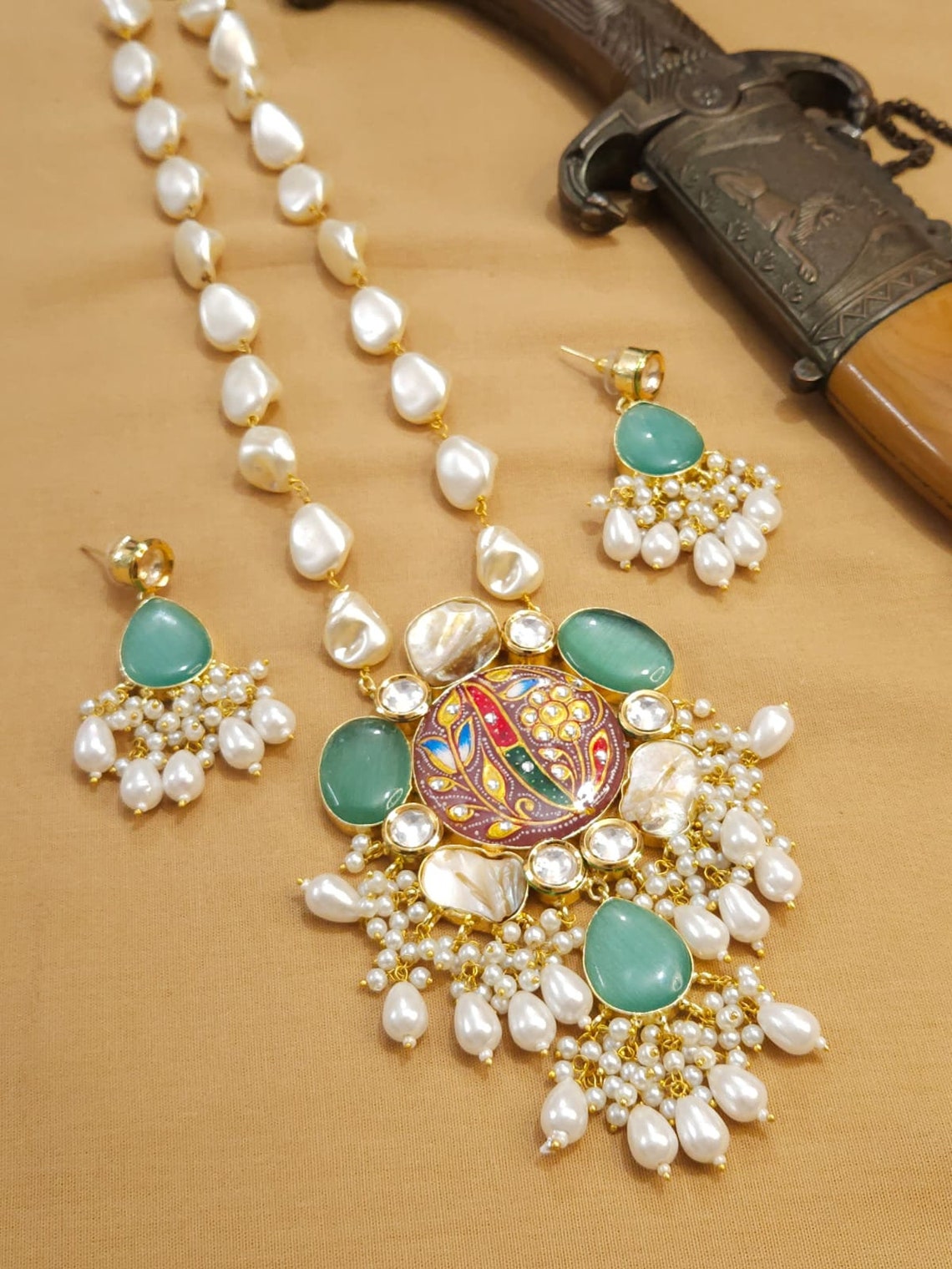 Trending Rajwade Tanjore Stone Stud Fusion Long Necklace and Earrings ...