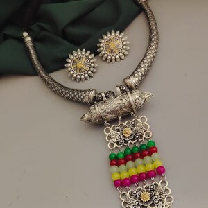 Indian Ethnic Choker Hasli Jewelry Set, Silver Oxidized Dual Tone ...