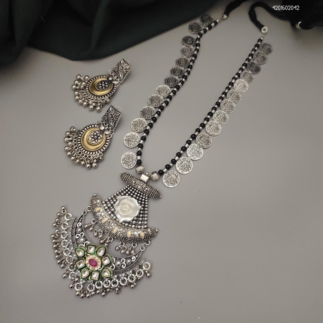 Oxidized Silver Chand Bali Necklace and Earrings Set, Dula Tone Fusion ...