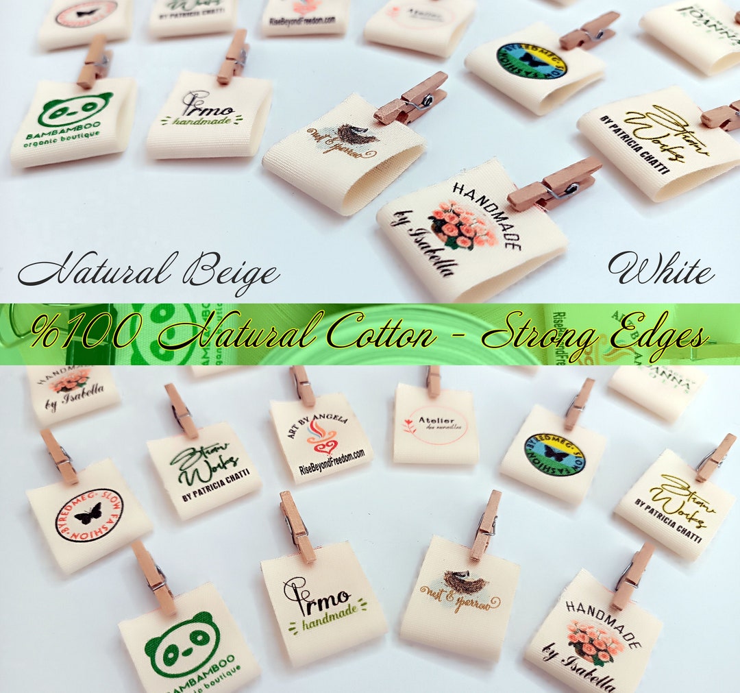 Custom Organic Cotton Clothing Labels, Personalized Logo, Beige Fabric ...