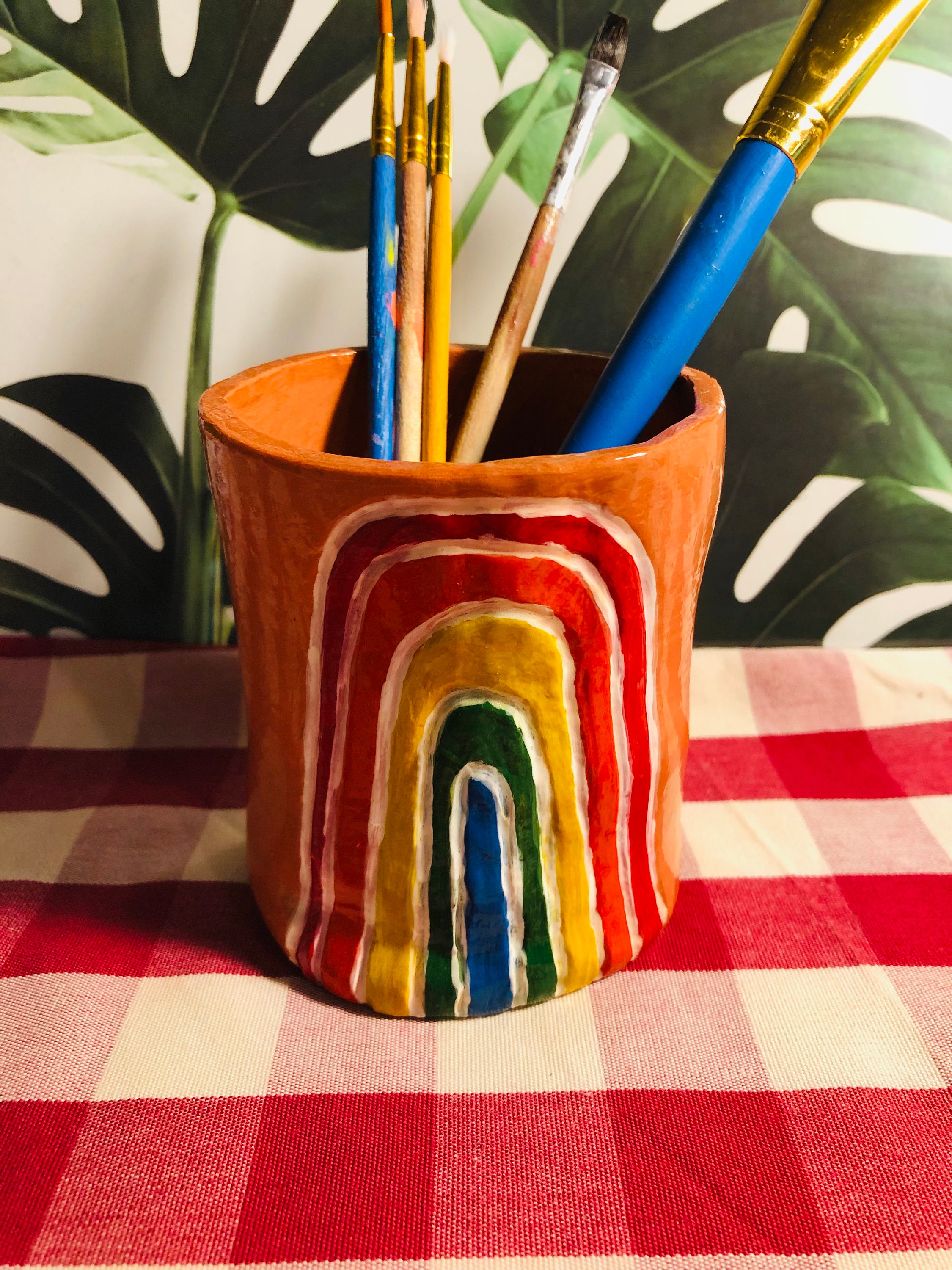 Air dry clay handcrafted wonky rainbow pot pen pencils pot. | Etsy