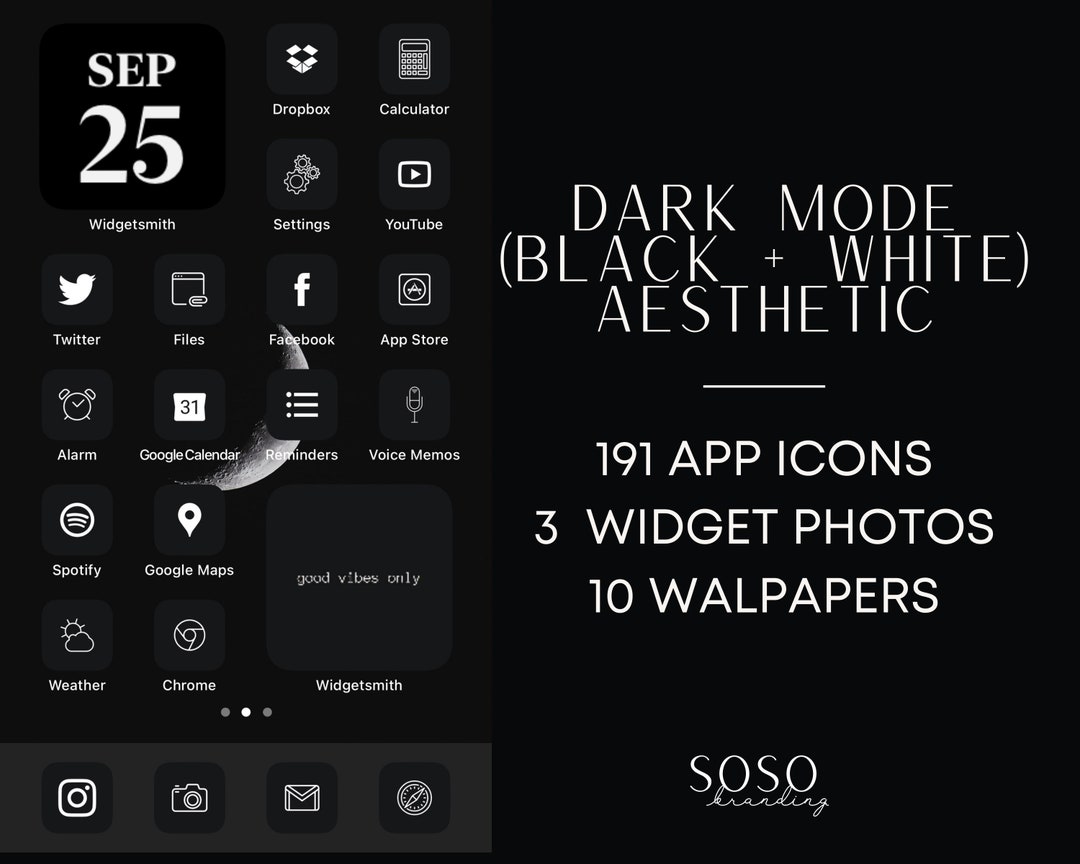 191 Black Aesthetic Ios 14/ios 15 App Icons Dark Mode Widget - Etsy