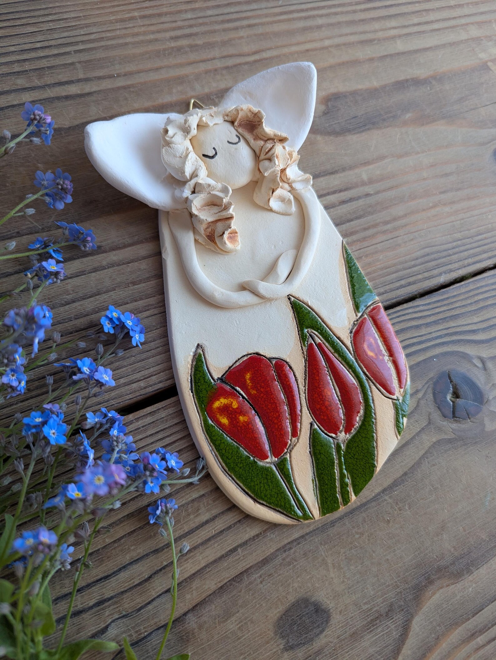 Ceramic Angel With Flower, Handmade Sculpture, Clay Wall Figure, Wall ...