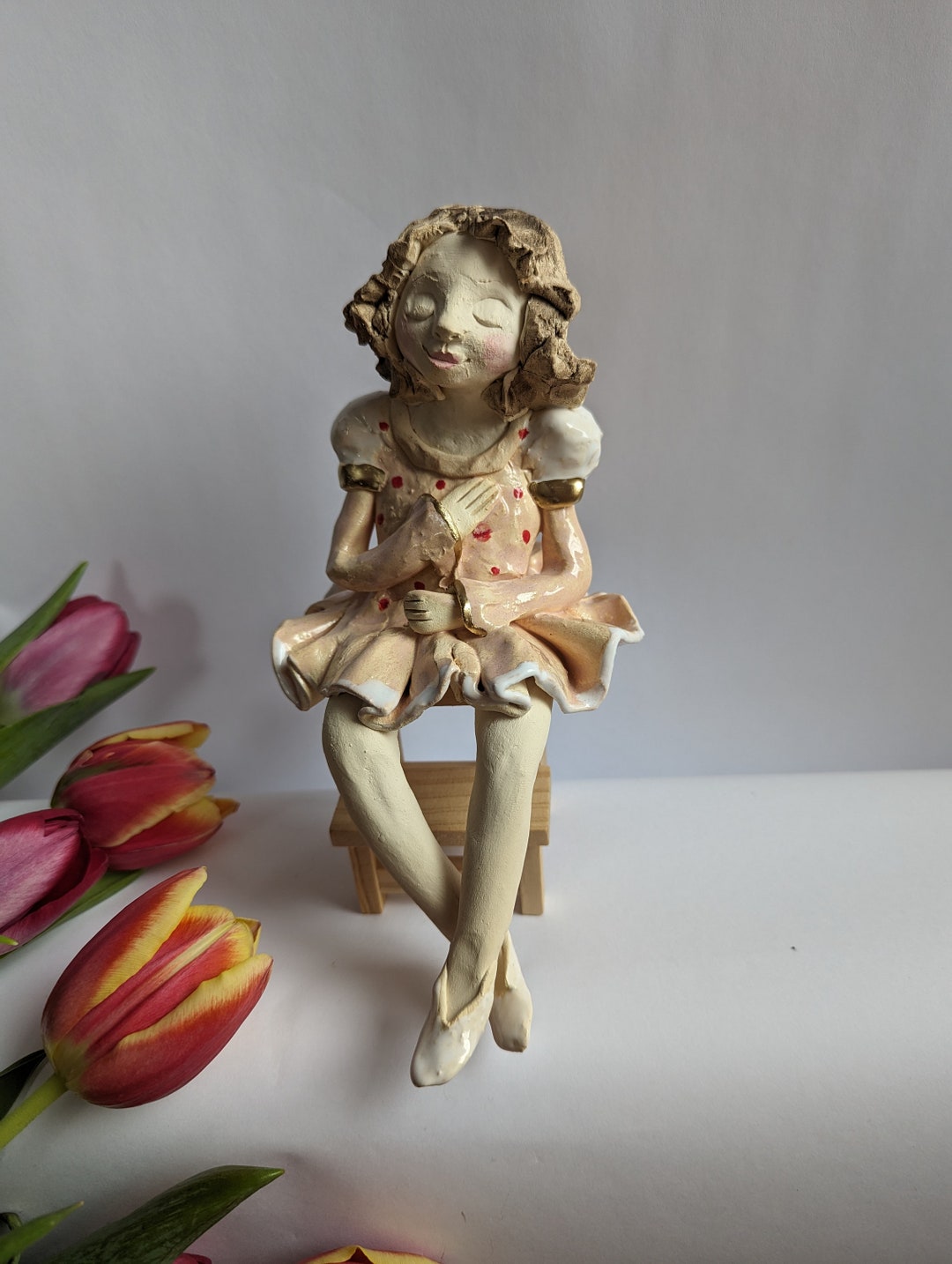 Ceramic Girl With Pink Dress, Handmade, Seated Sculpture, Art Ceramic ...