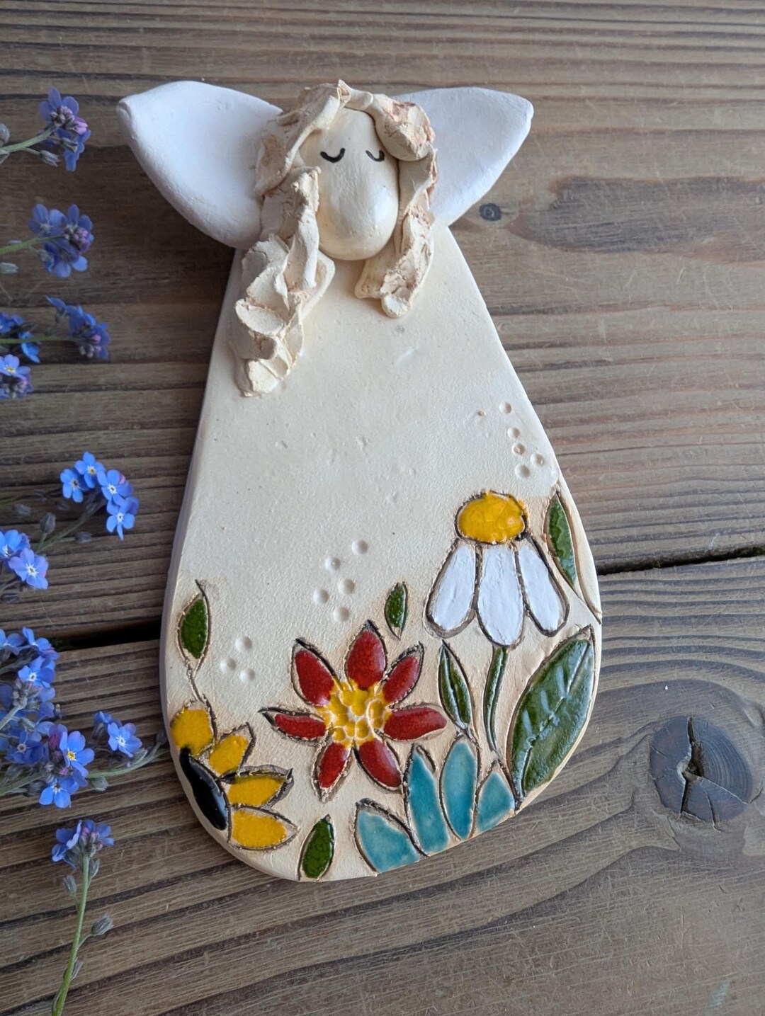 Ceramic Angel With Flowers, Handmade Sculpture, Clay Wall Figure, Wall ...