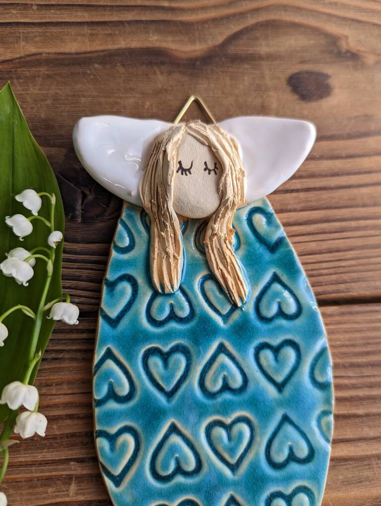 Ceramic Angel, Handmade Sculpture, Sea-color Clay Figure, Wall Hanging ...
