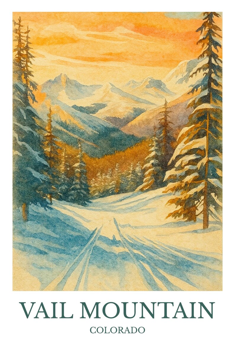 Vail Mountain, Watercolor Design Poster, Colorado Print, Vail Wall Art ...