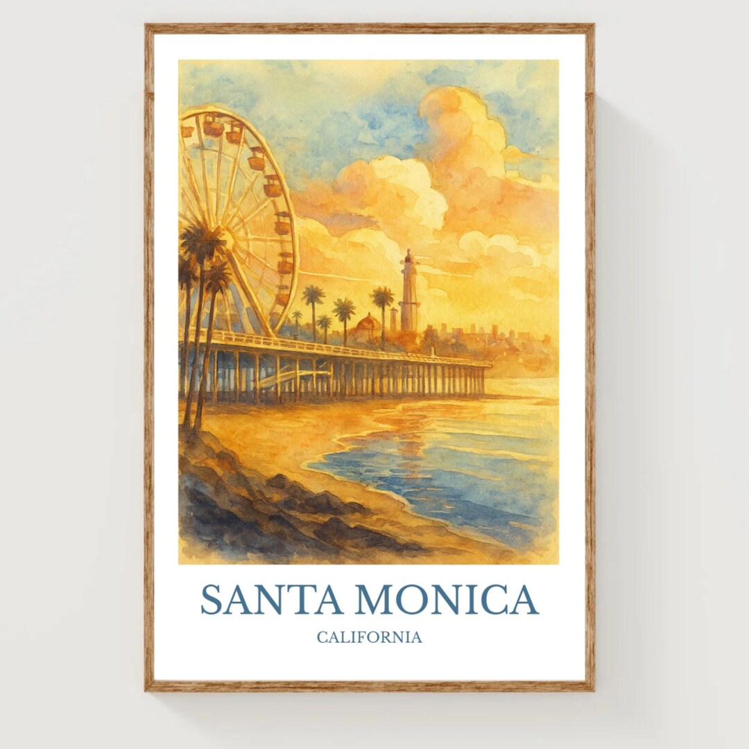 Santa Monica, Watercolor Design Poster, California Print, Santa Monica ...