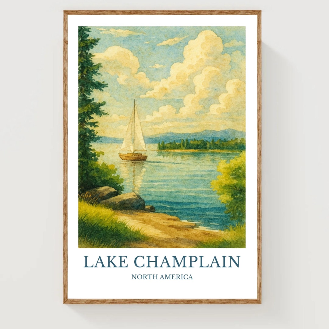 Lake Champlain, Watercolor Design Poster, North America Print, Lake ...