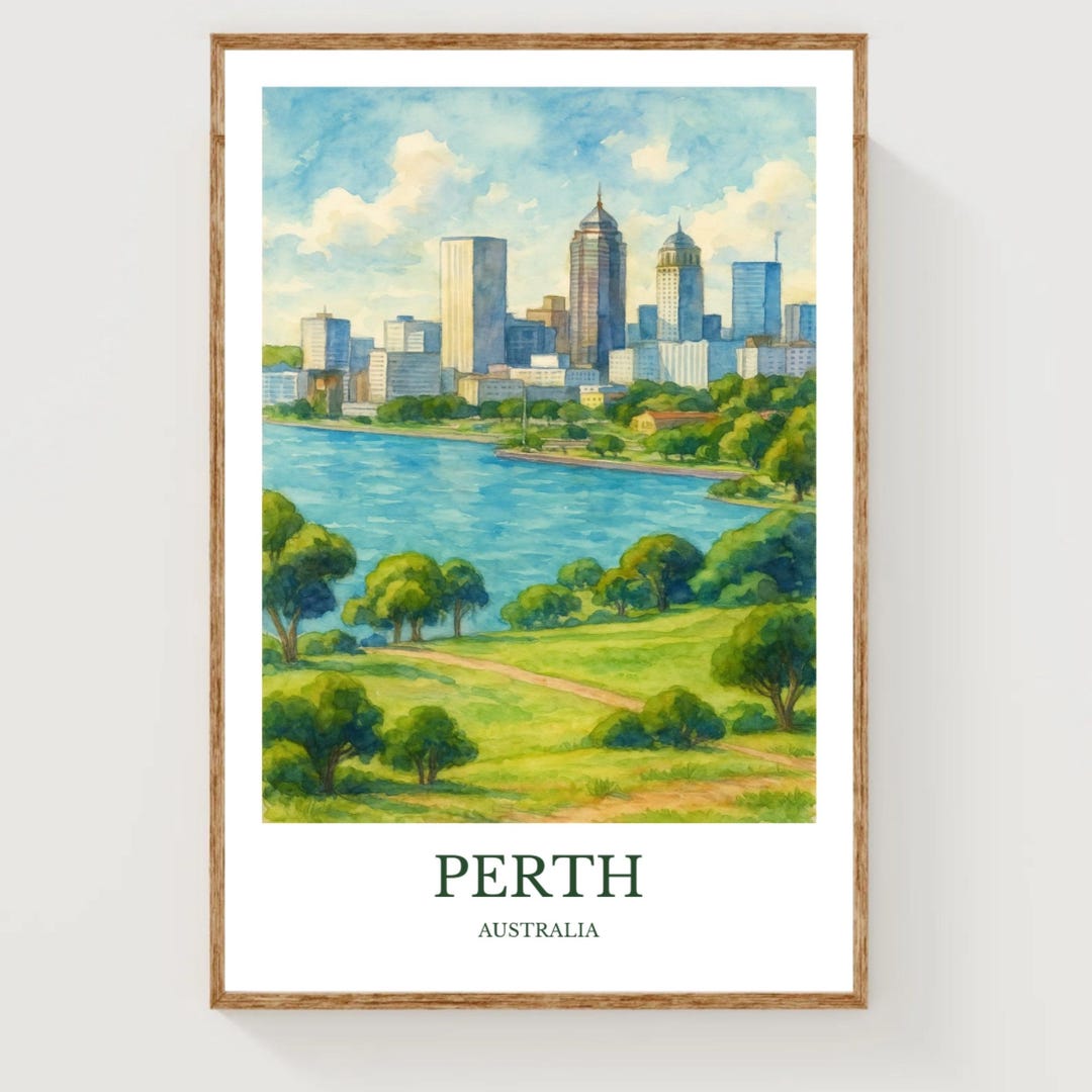 Perth Australia Poster, Vintage Watercolor City Skyline Art - Etsy